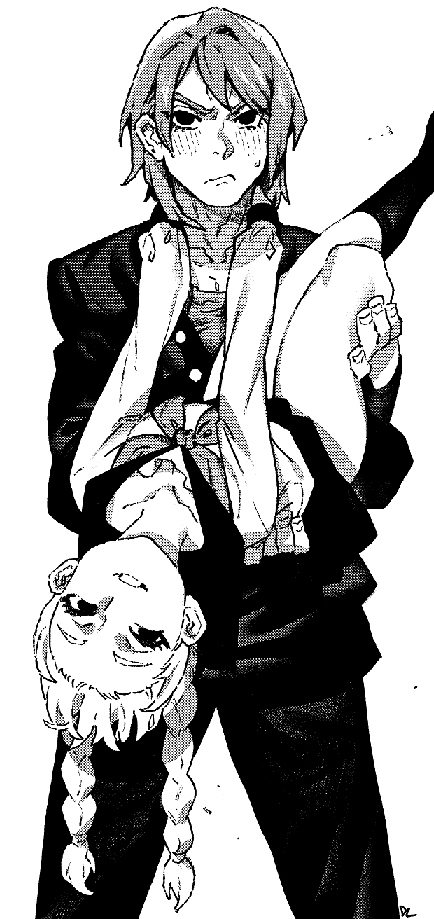 Safebooru - 1boy 1girl blush braid carrying copyright request forehead greyscale grin highres ...