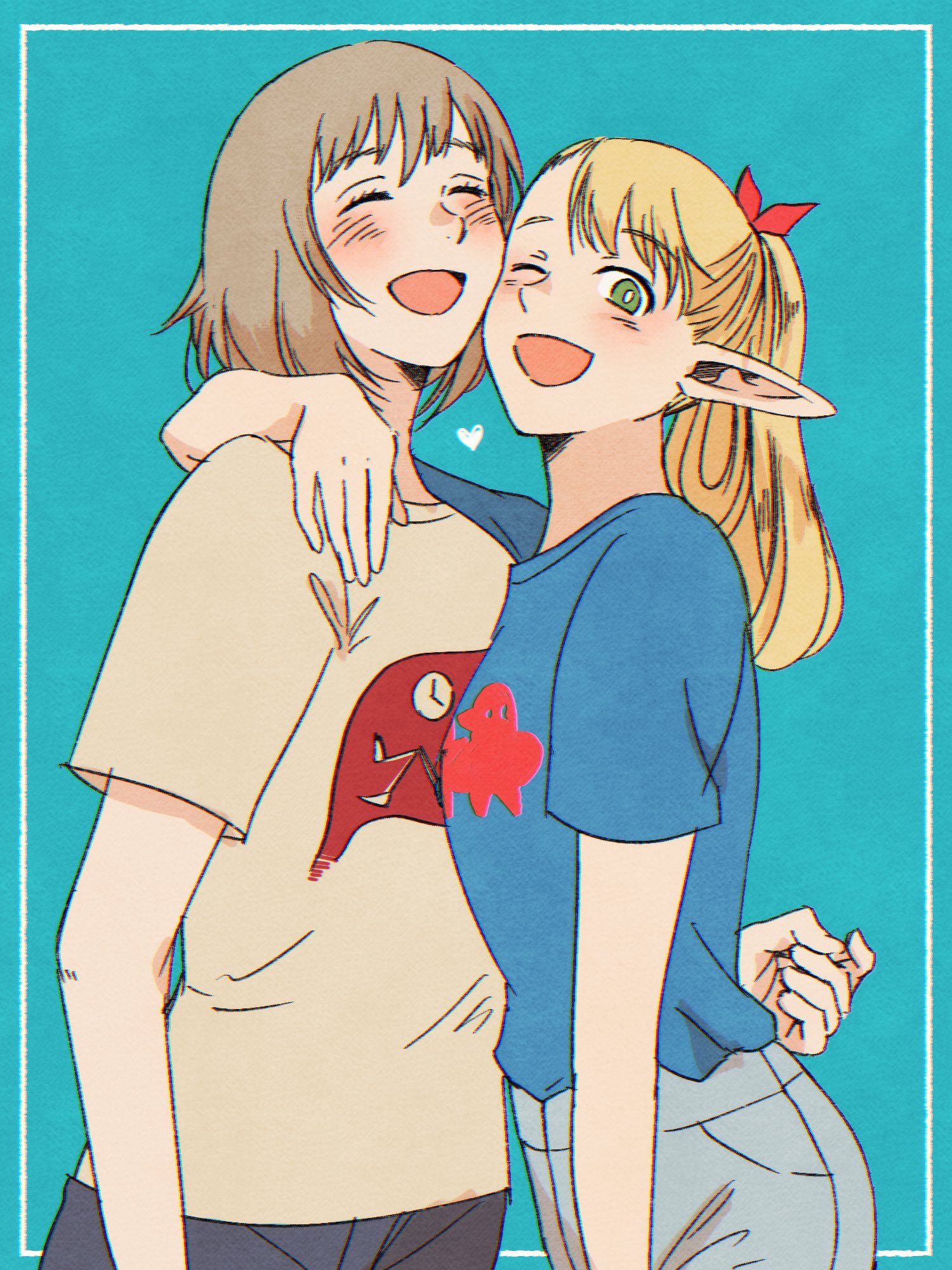 Safebooru - 0mi dot 2girls arm around shoulder blonde hair blue shirt blush closed eyes dungeon ...