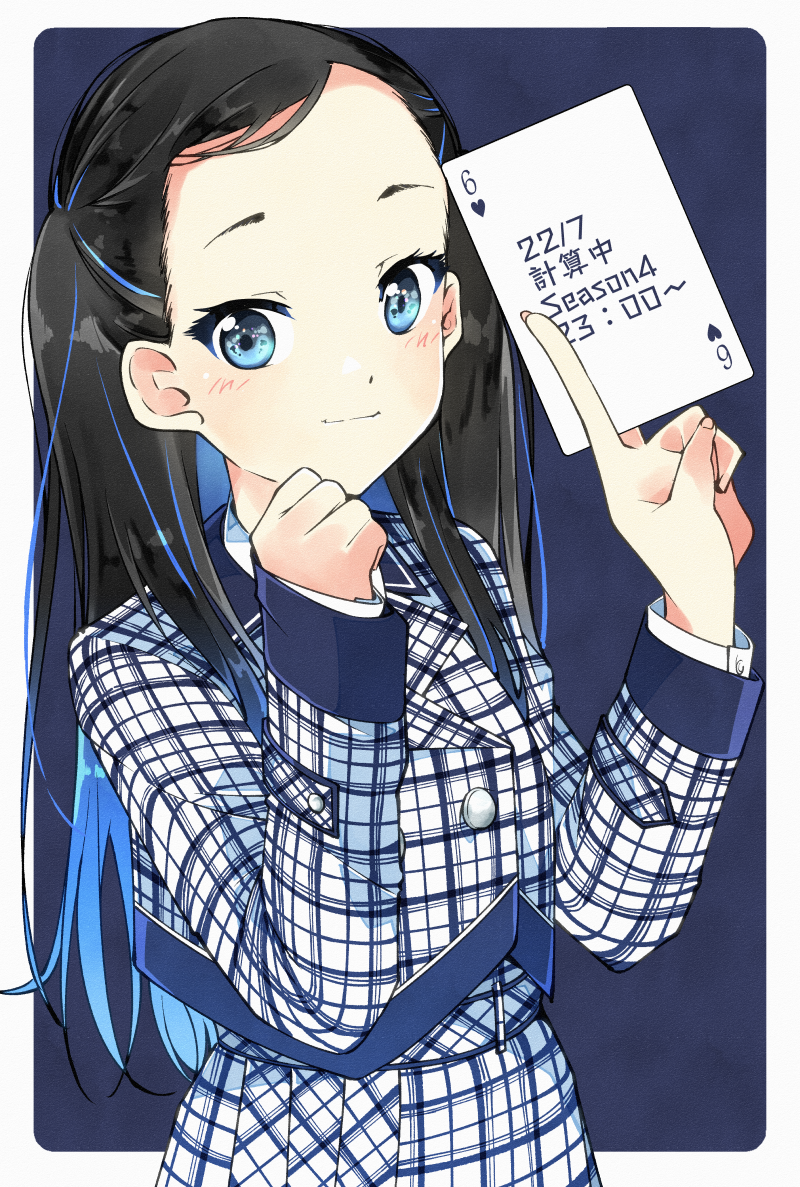 Safebooru - 1girl 22/7 aqua eyes aqua hair belt black hair blue background blue dress border ...