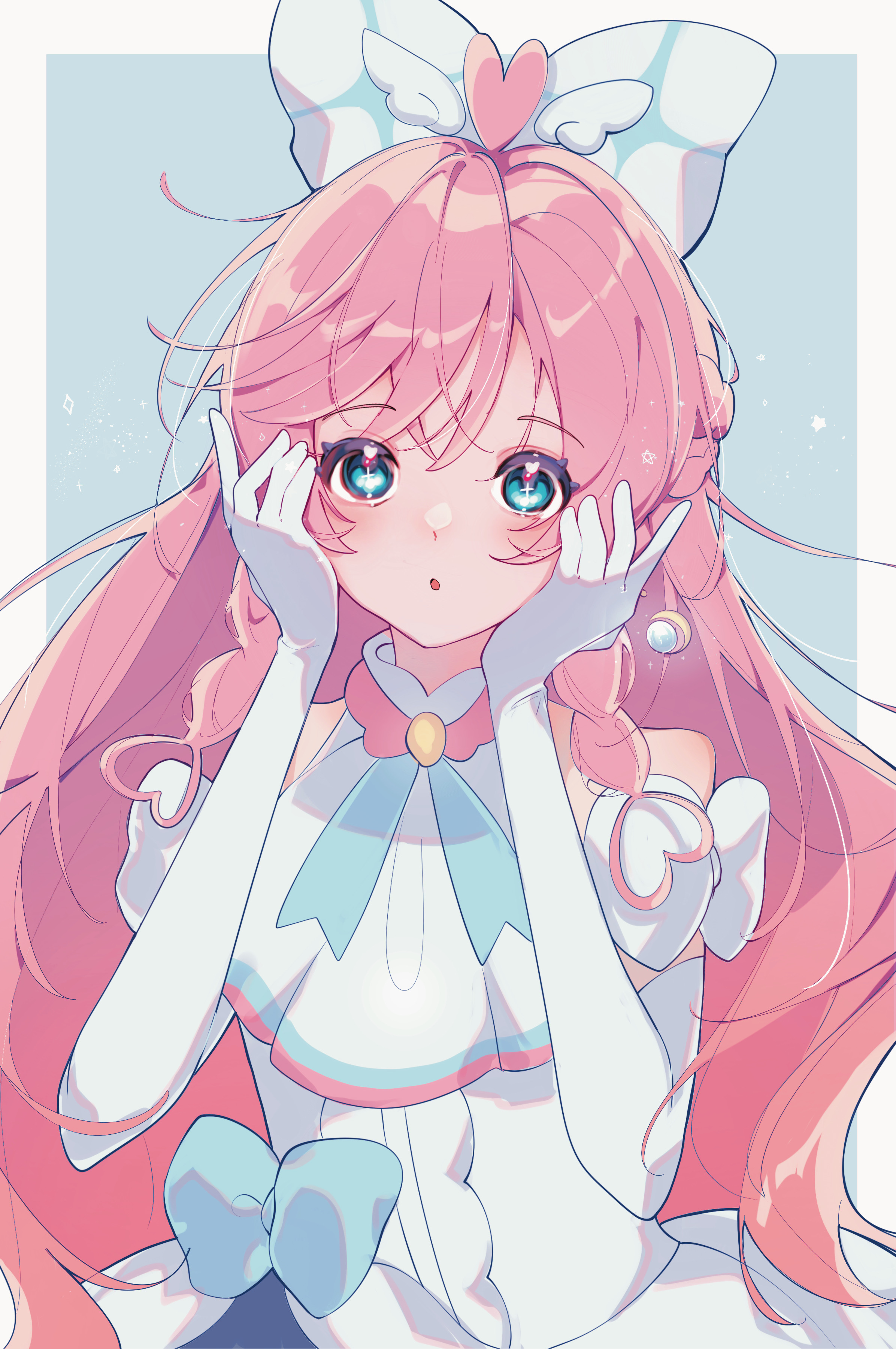 Safebooru - 1girl absurdres arm ribbon blue background blue eyes blush border brooch cure prism ...