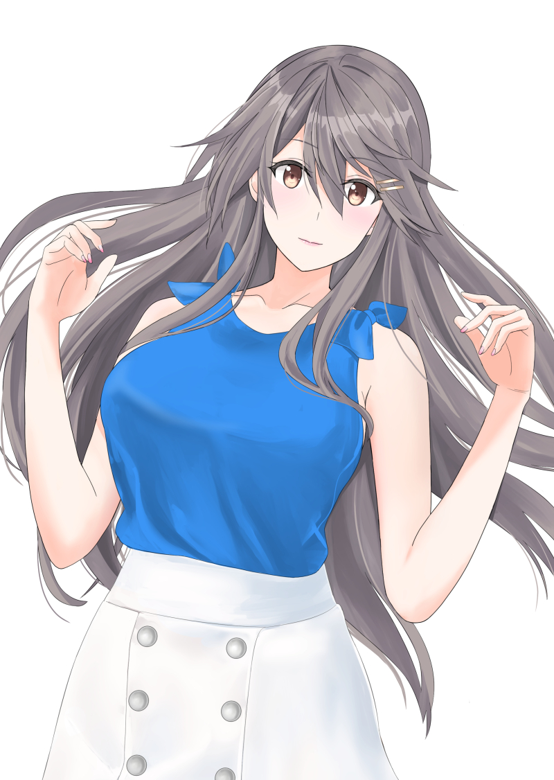 Safebooru - 1girl black hair blue shirt brown eyes cowboy shot hair ornament hairclip haruna ...