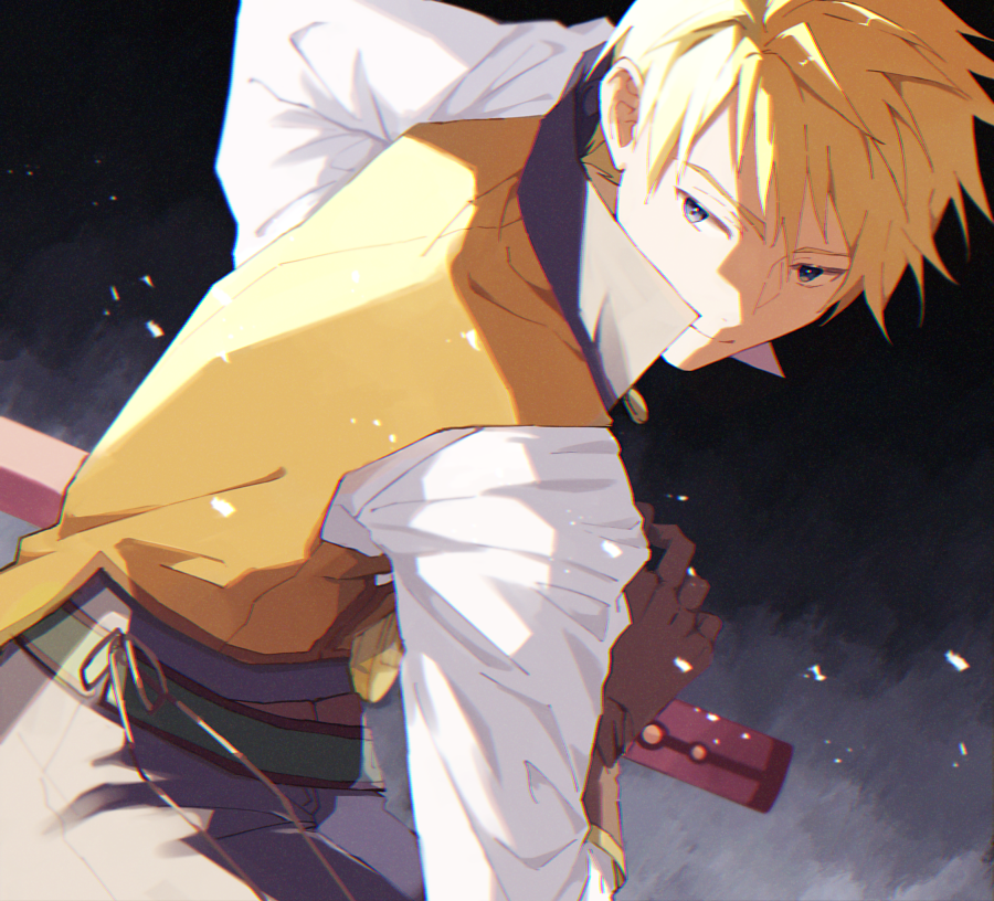 Safebooru - 1boy black background blonde hair blue eyes brown gloves collared shirt drawing ...