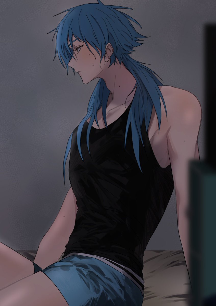 Safebooru - 1boy arm support bare shoulders bed black tank top blue hair blue shorts cropped ...