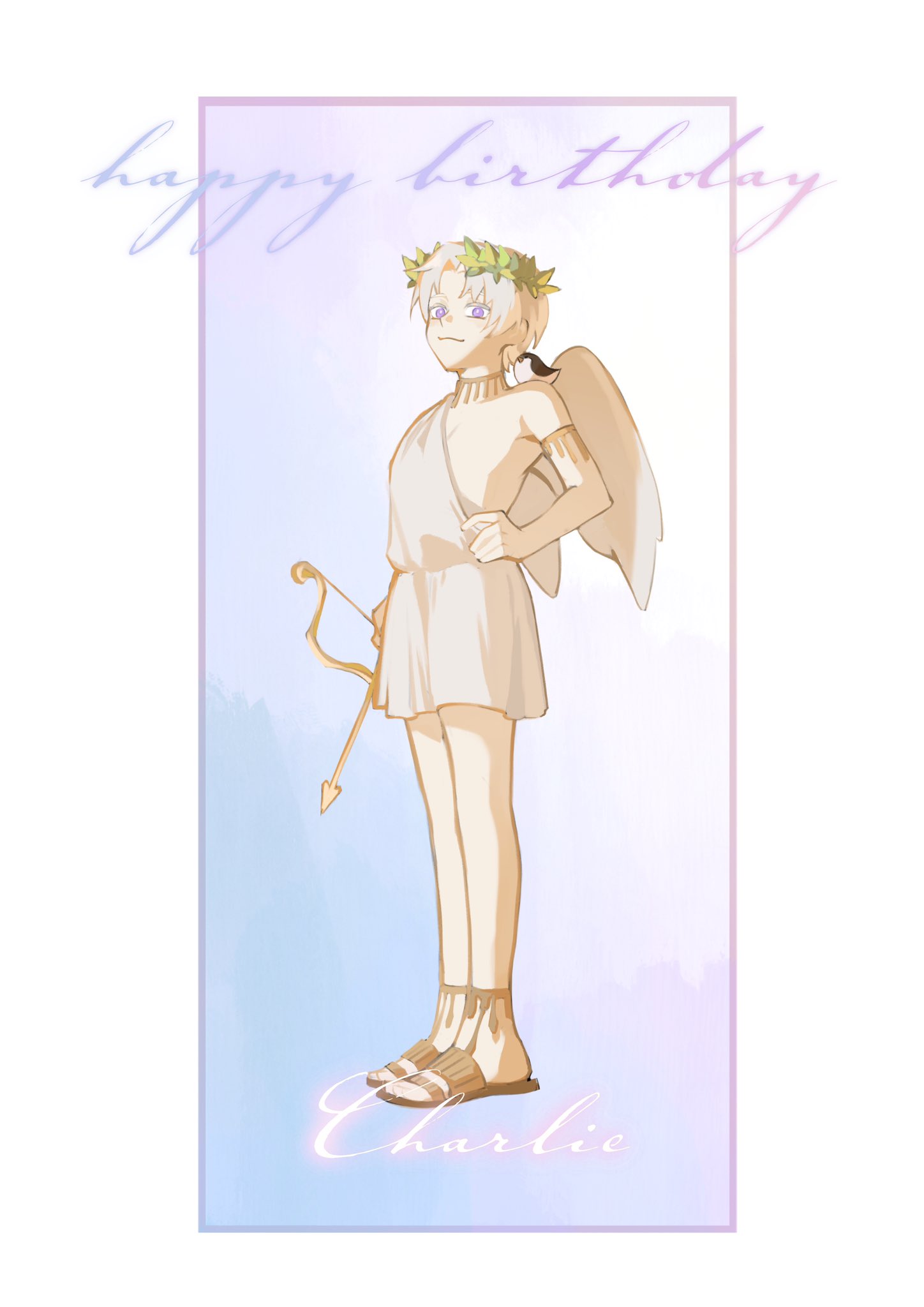 Safebooru - 1boy :3 aged down angel wings animal animal on shoulder armlet arrow (projectile ...