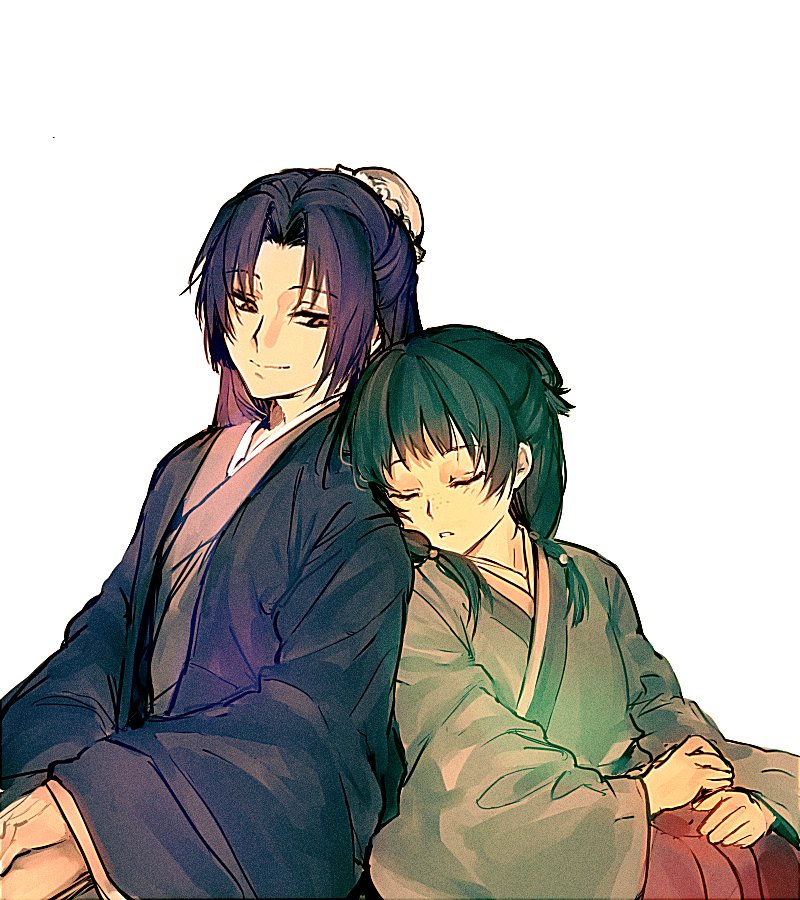 Safebooru - 1boy 1girl blue coat closed eyes coat green hair green kimono hair bun huan1034097 ...