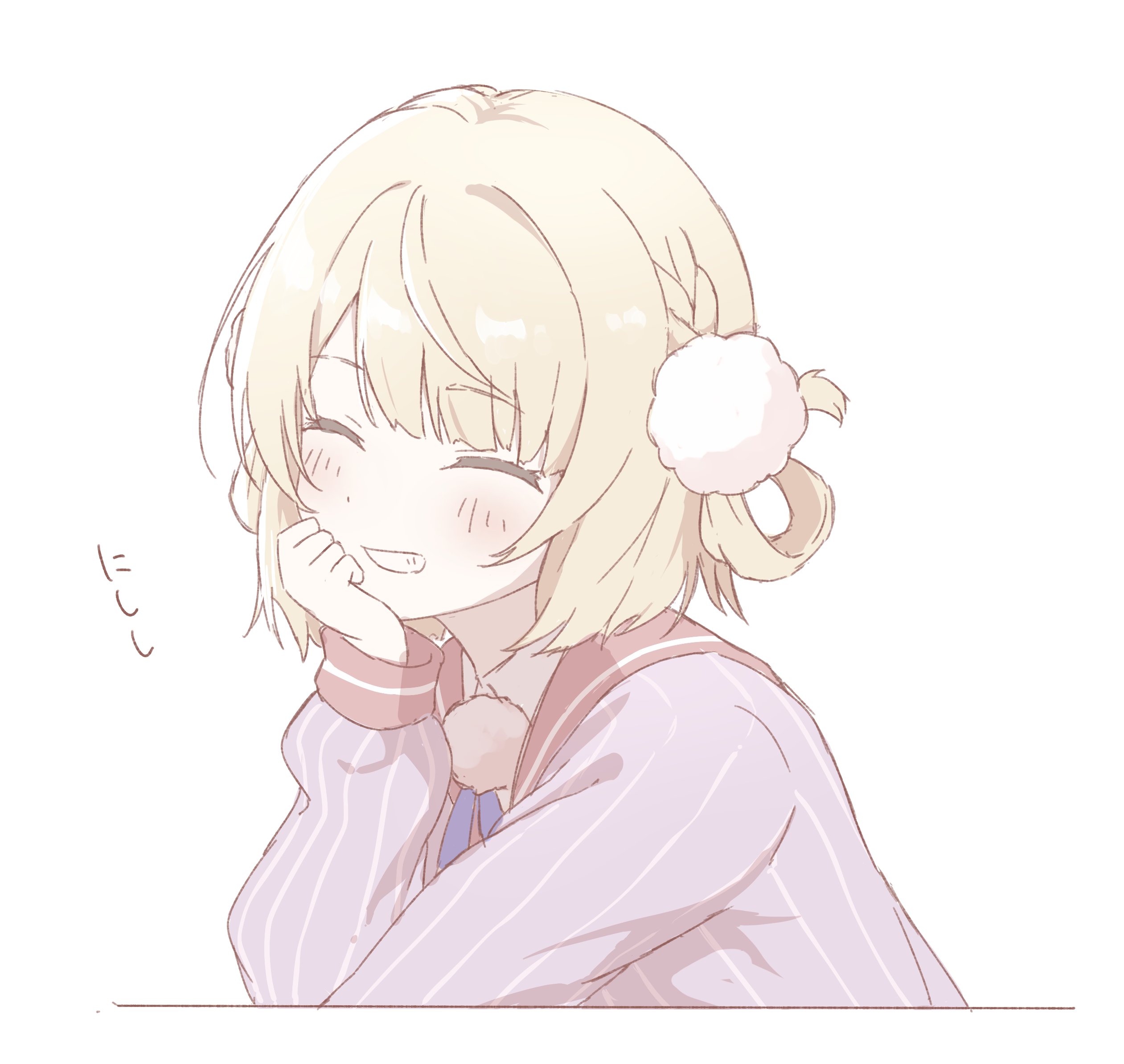 Safebooru - 1girl :d blonde hair blue ribbon blue shirt blush cino (amairoka) closed eyes dot ...