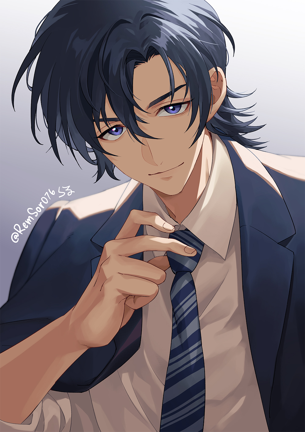 Safebooru - 1boy adjusting clothes adjusting necktie black hair blazer blue jacket blue necktie ...