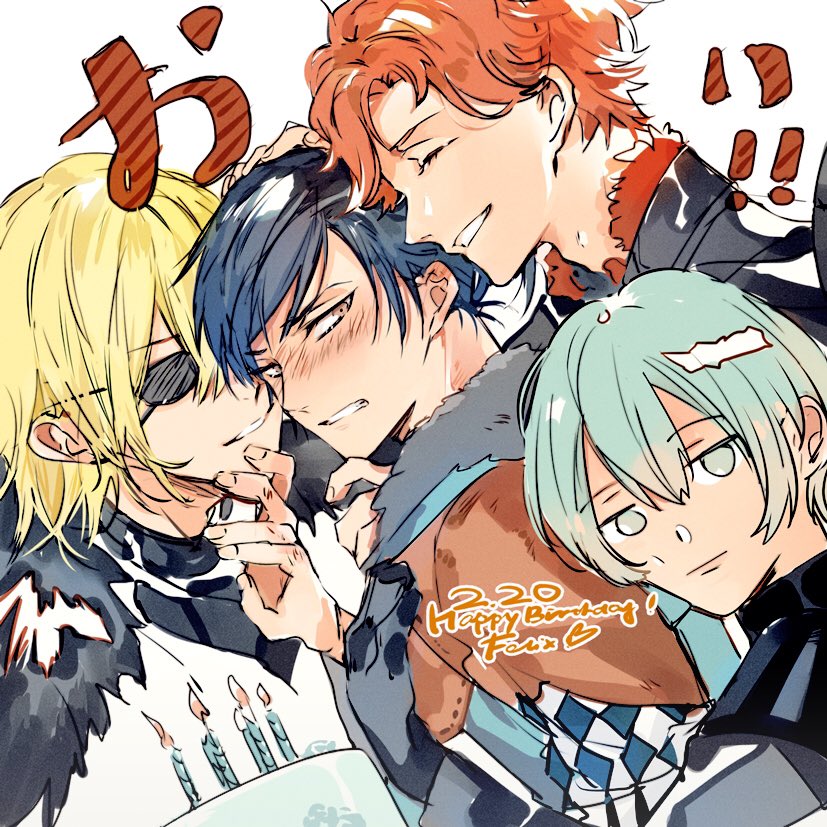 Safebooru - 4boys :i aqua hood armor birthday cake black armor black fur blonde hair blue hair ...