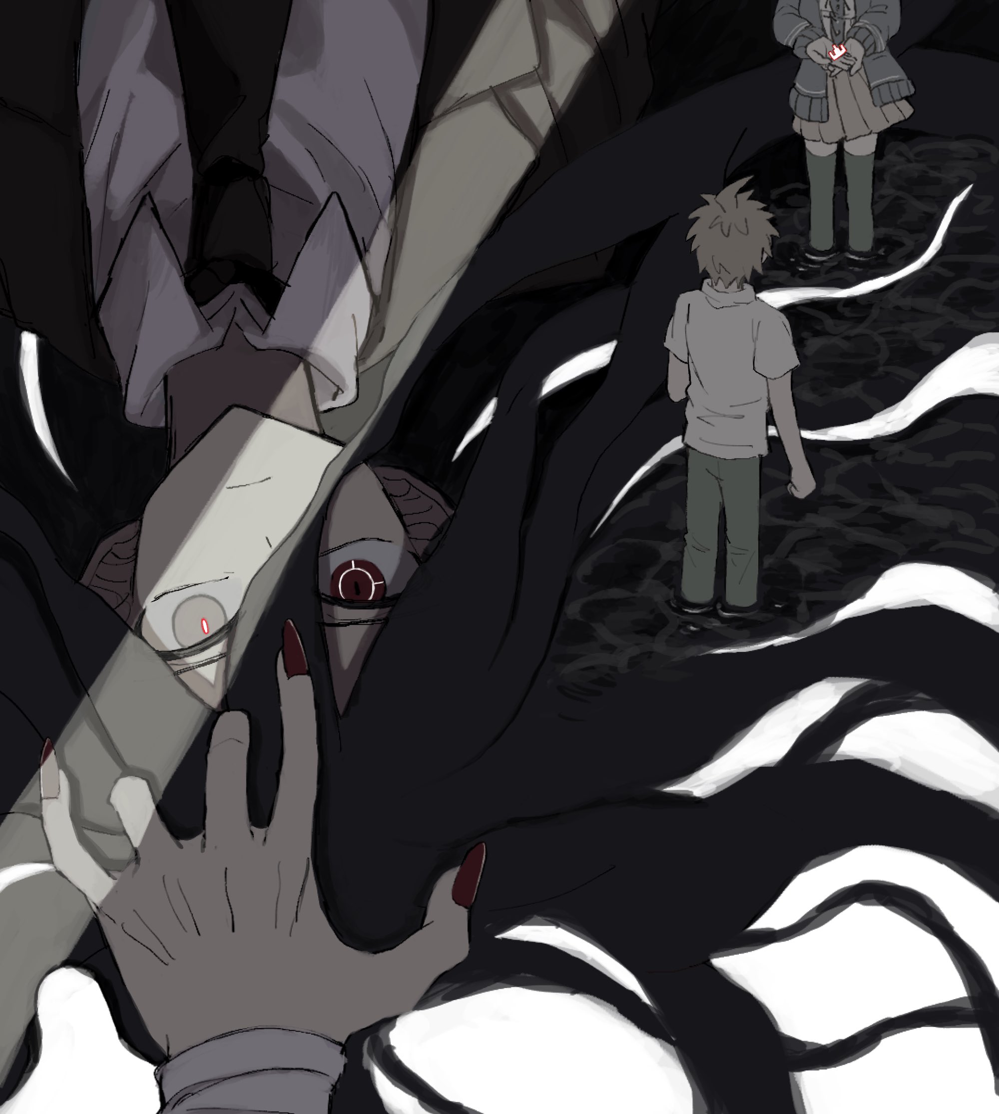 Safebooru - 1girl 3boys bandaged arm bandages black hair black jacket black necktie brown skirt ...