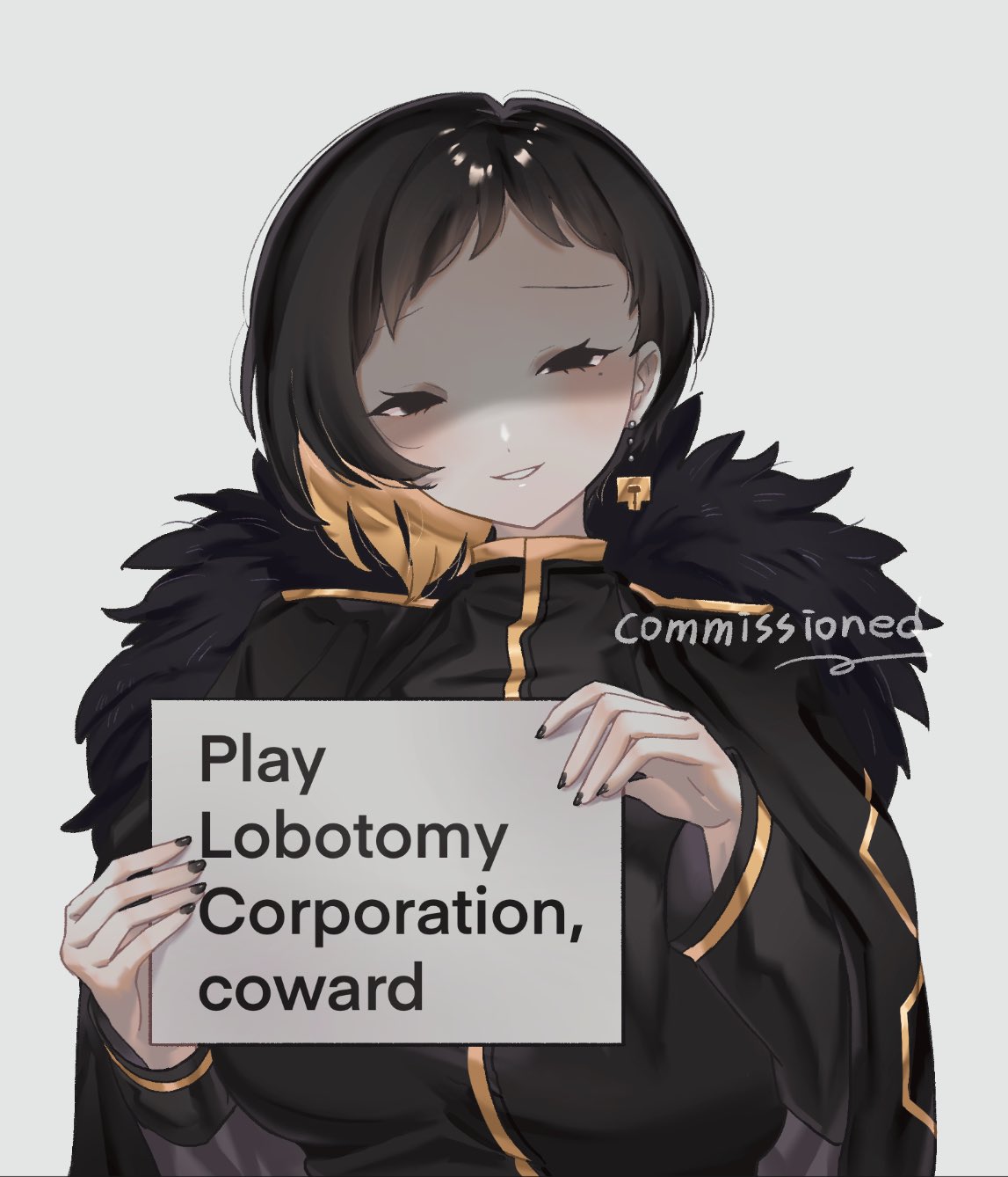 Safebooru - 1girl binah (project moon) black coat black dress black eyes black hair blonde hair ...