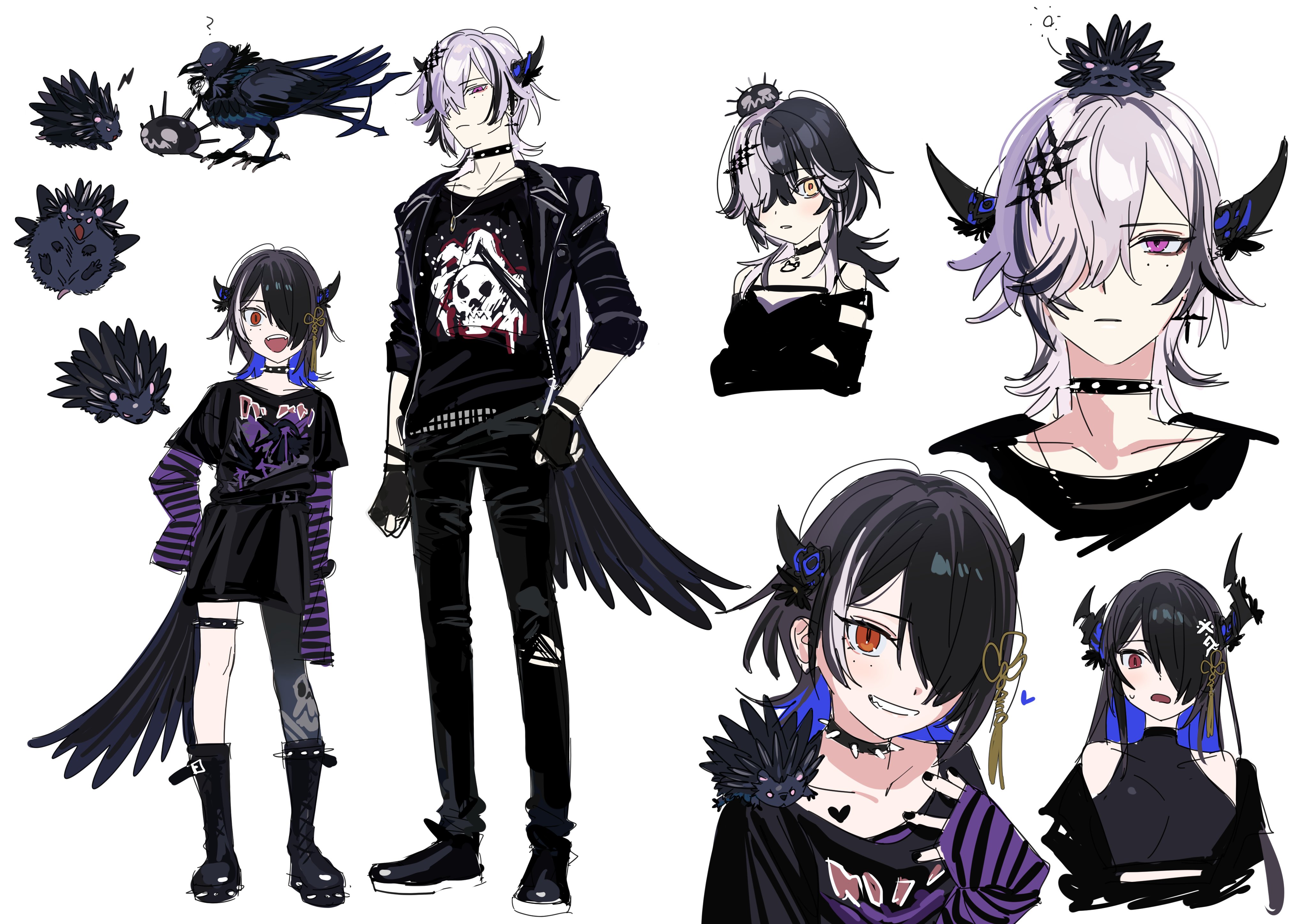 Safebooru - 1boy 3girls ? absurdres animal on head animal on shoulder asymmetrical horns belt ...