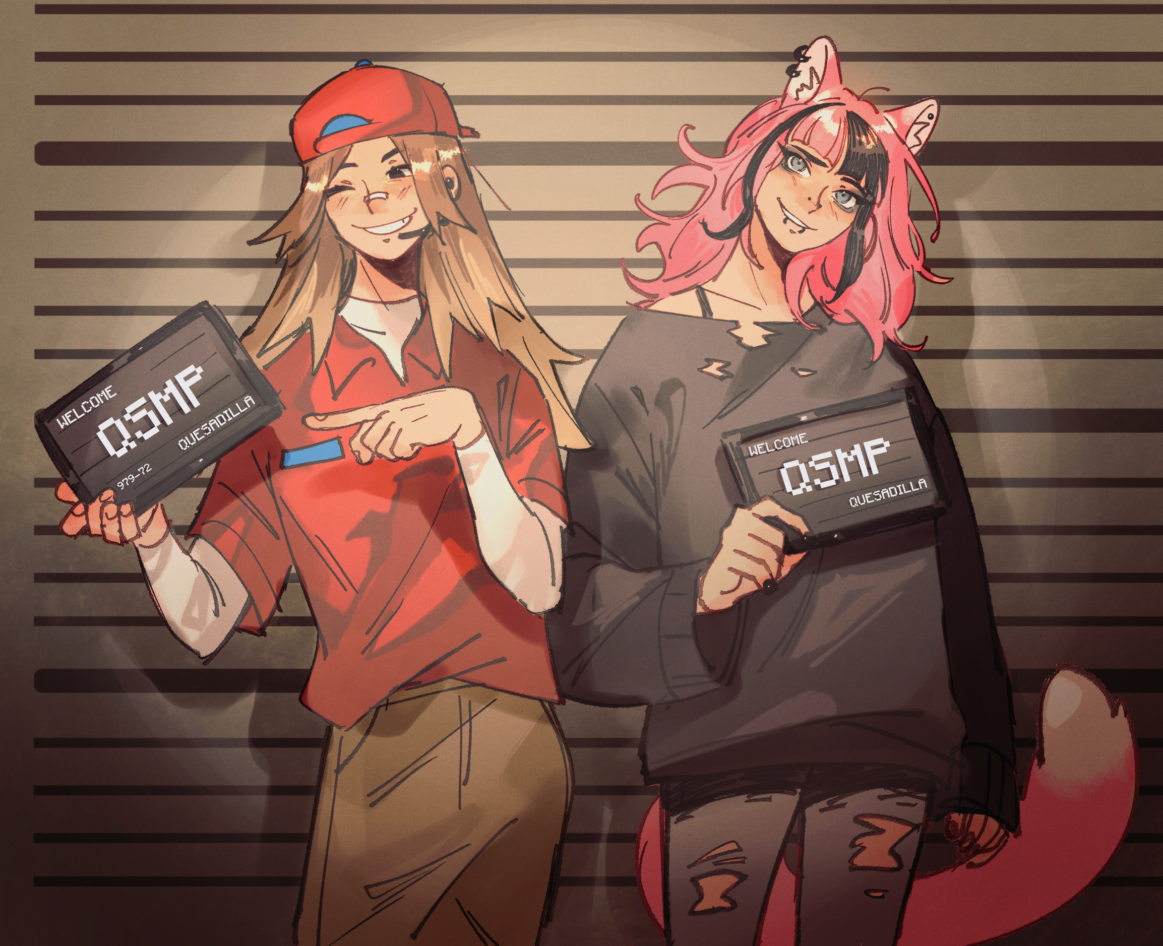 Safebooru - 2girls animal ears backwards hat baseball cap black hair black shirt cat ears cat ...