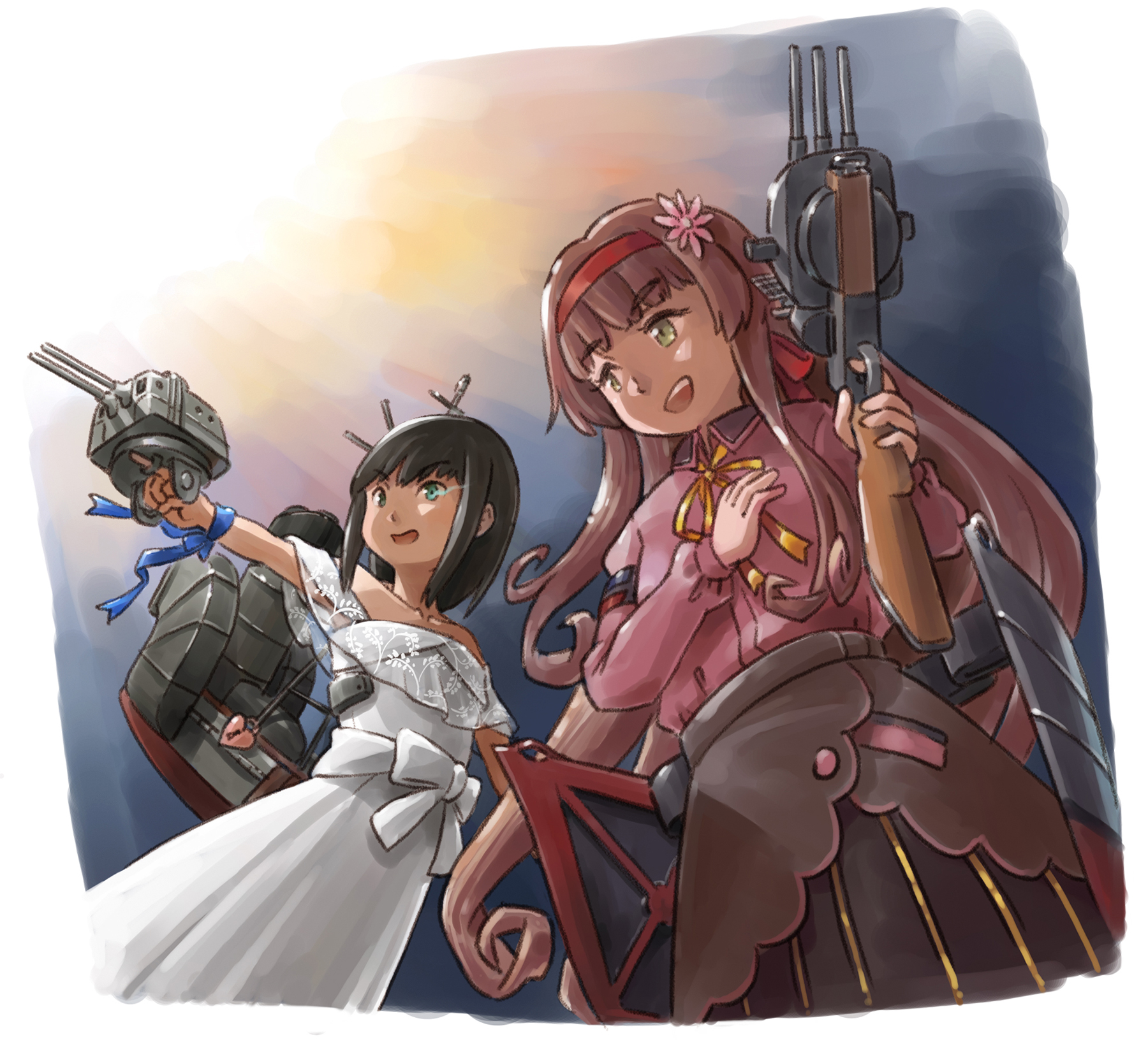 Safebooru - 2girls adapted turret black hair black skirt blunt bangs brown hair cannon dress ...