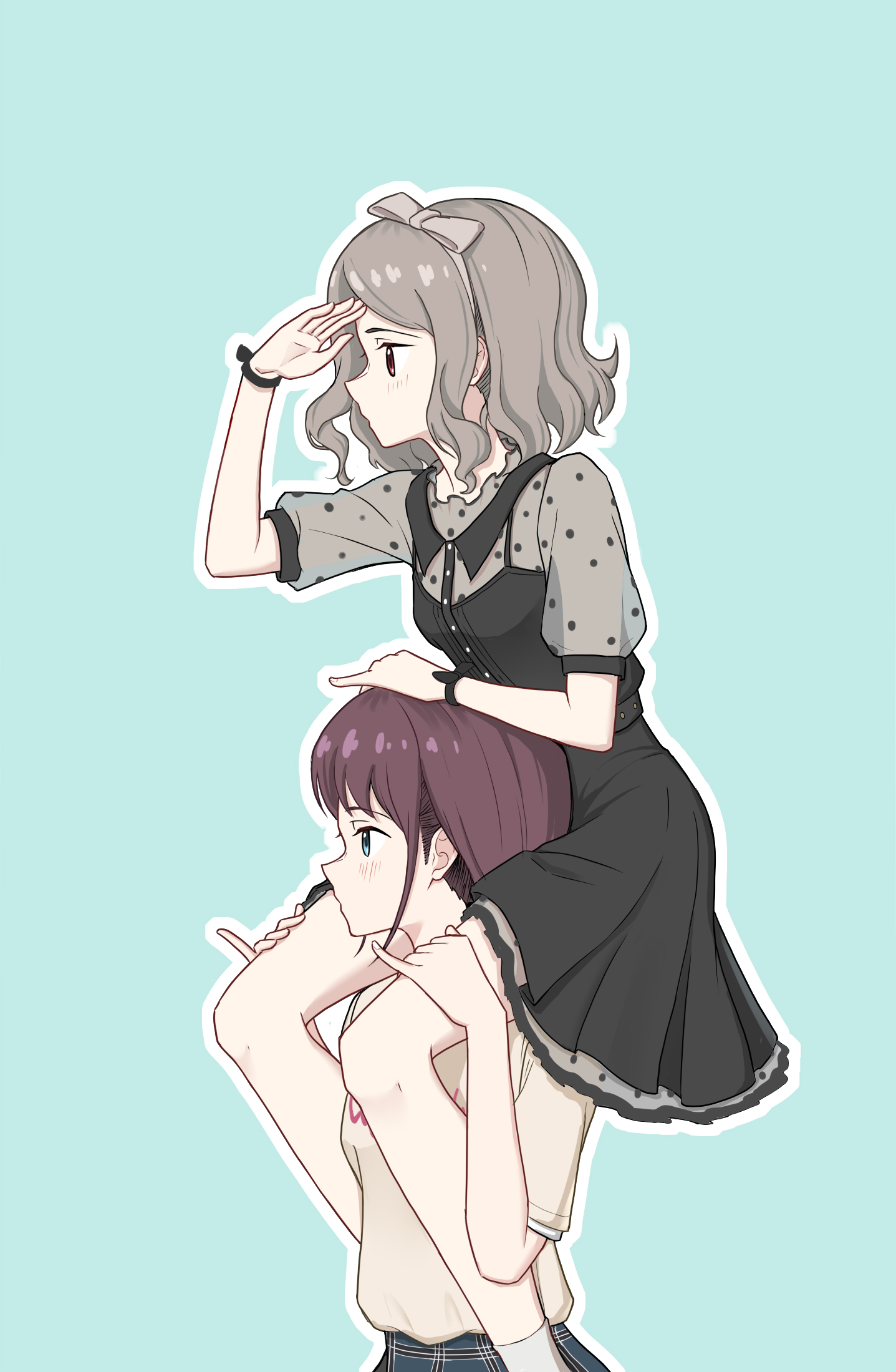 Safebooru - 2girls anglediana black dress black shirt blue background blue eyes blue skirt blush ...