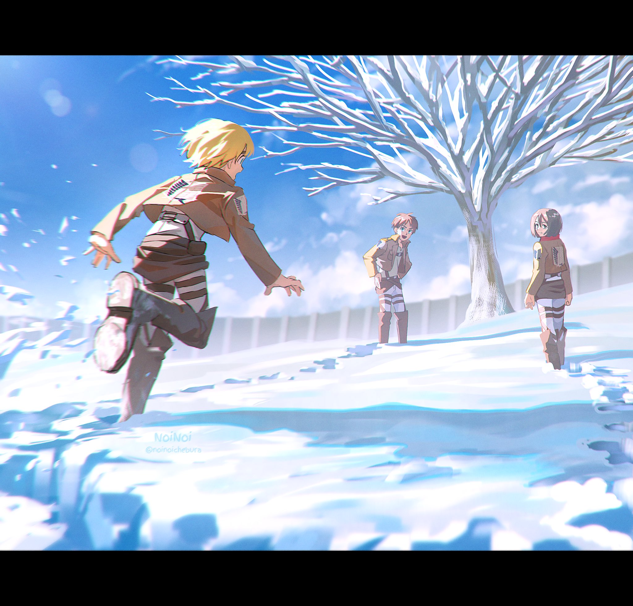 Safebooru - 1girl 2boys armin arlert bare tree blonde hair blue sky ...