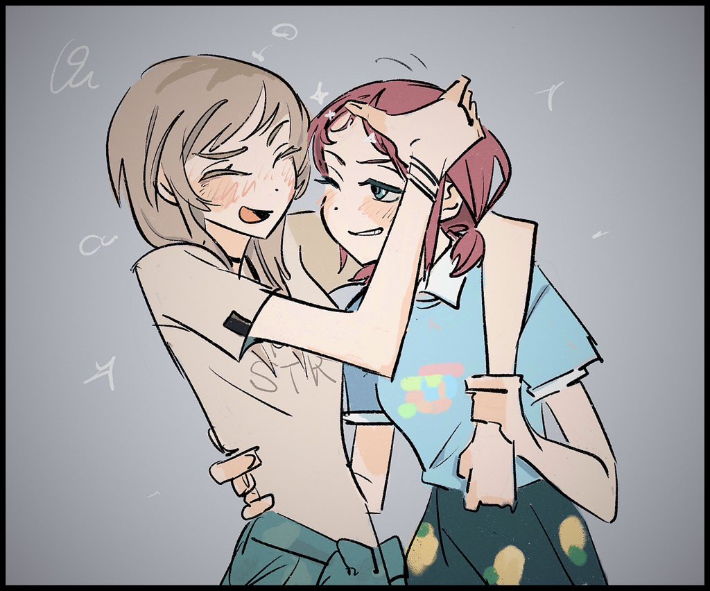 Safebooru - 2girls blue eyes blue shirt blush bracelet brown hair closed eyes collared shirt ...