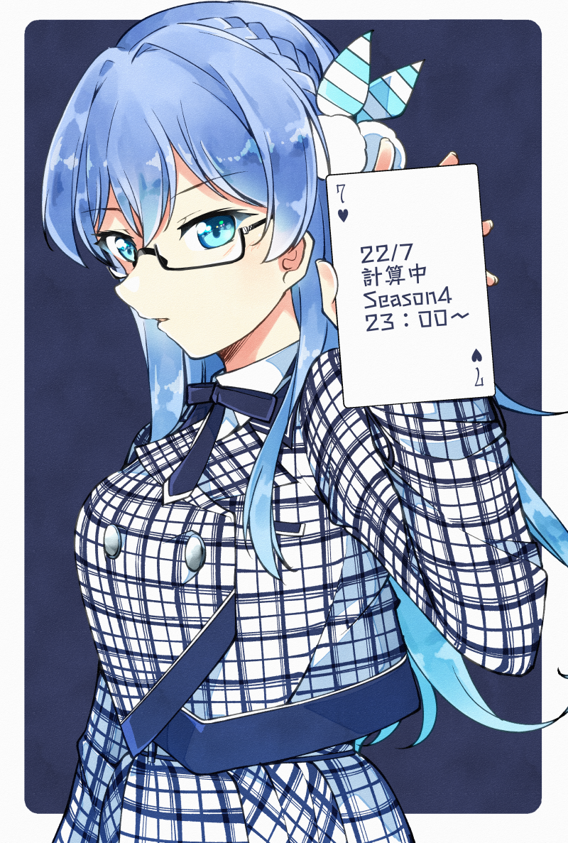 Safebooru - 1girl 22/7 aqua eyes black-framed eyewear blue background blue bow blue bowtie blue ...