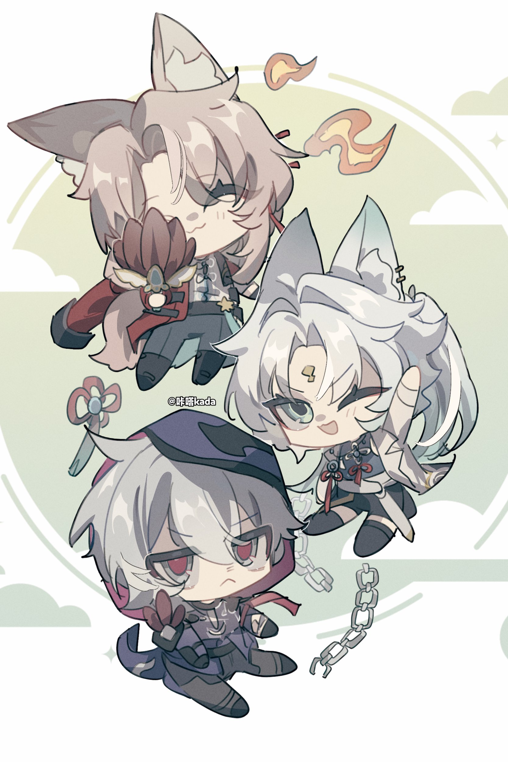 Safebooru - 1girl 2boys absurdres animal ears arm up belt black footwear black gloves black ...