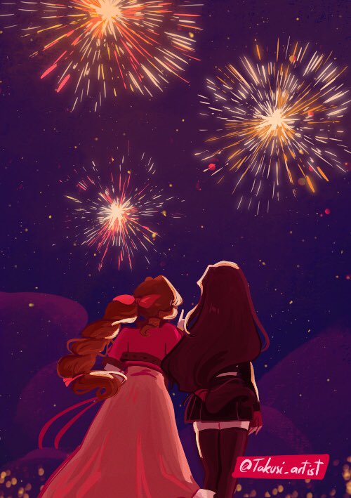 Safebooru - 2girls aerith gainsborough artist name black skirt black thighhighs bow braid brown ...