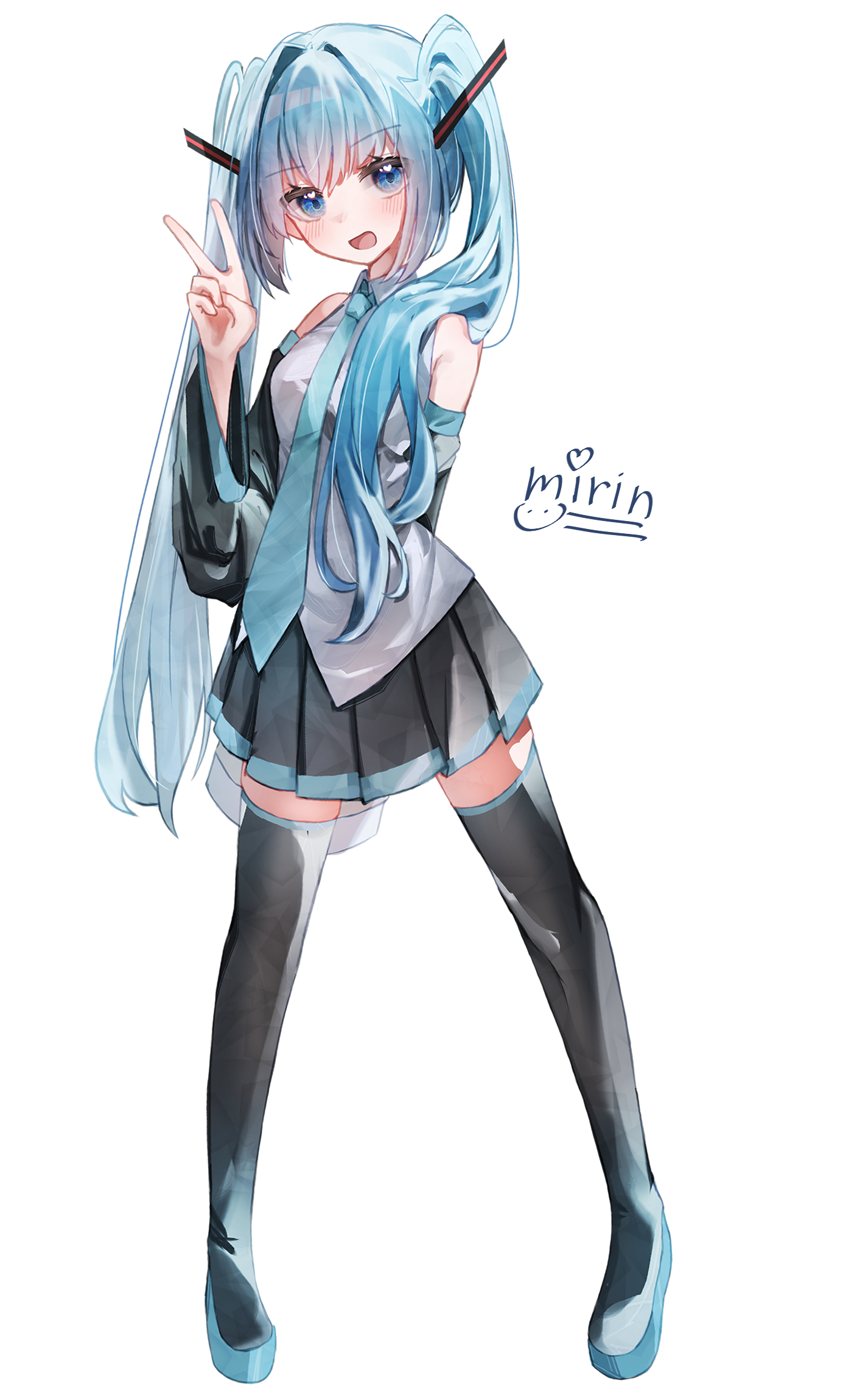 Safebooru - 1girl aqua hair arm behind back bare shoulders black skirt black thighhighs blue ...