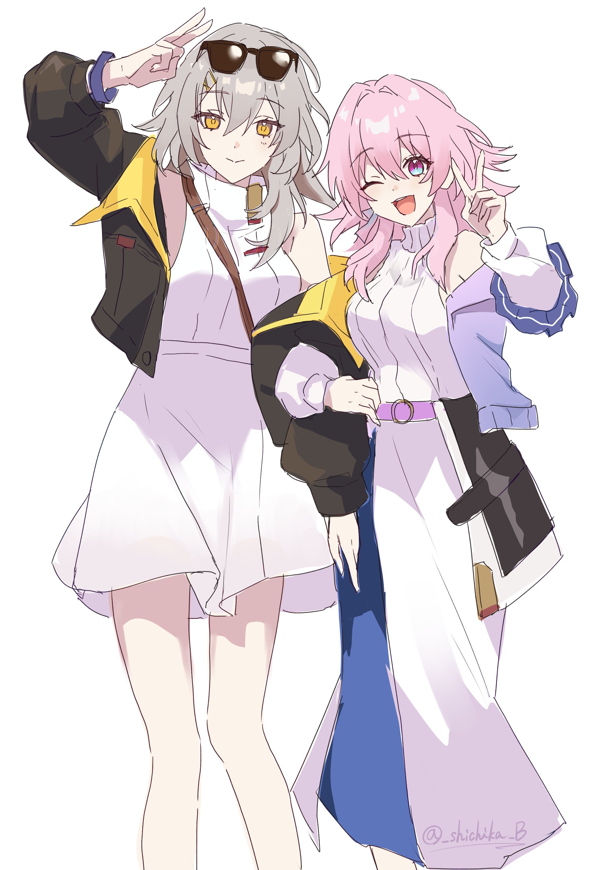 Safebooru - 2girls absurdres belt black jacket blue eyes blue skirt breasts closed mouth ...