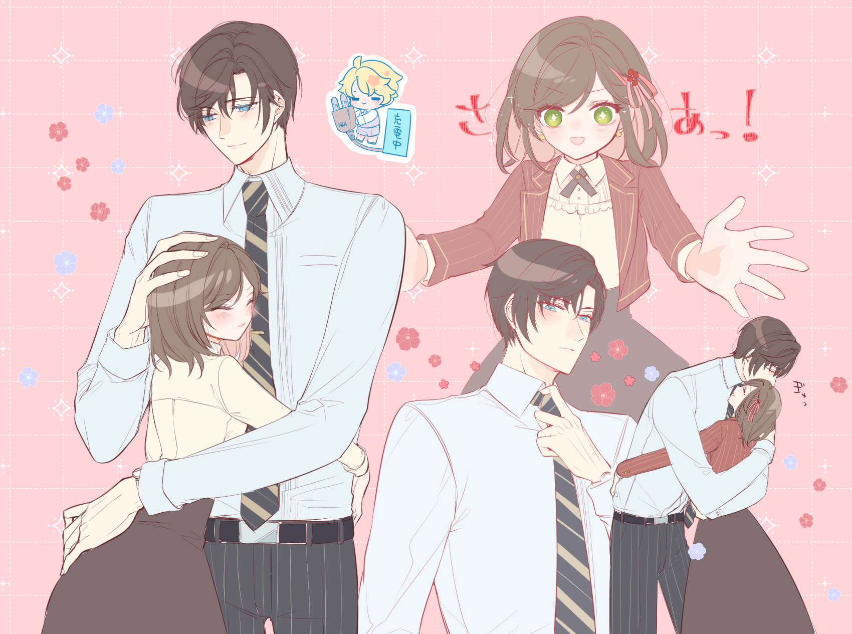 Safebooru - 1girl 2boys :d artem wing (tears of themis) belt black necktie black pants blue eyes ...
