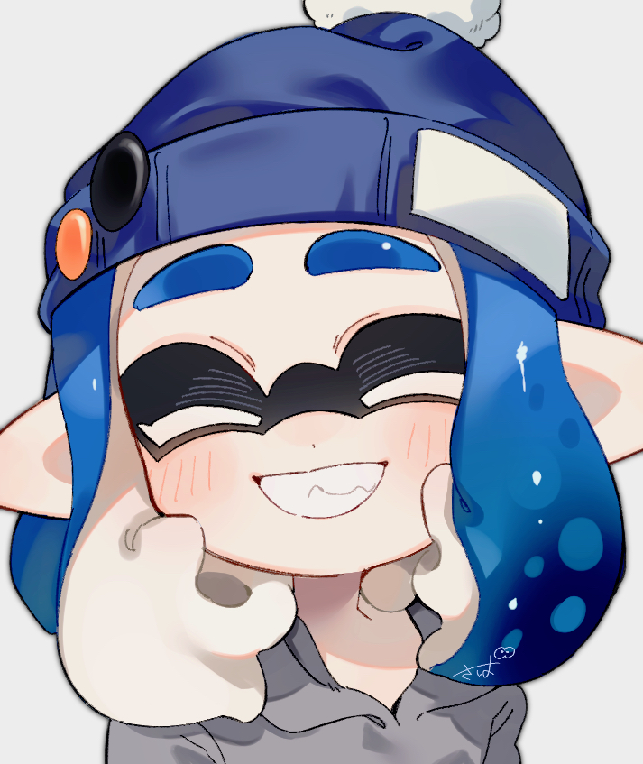 Safebooru - 1boy blue hair blue hat blush grey hoodie grin hat hood hoodie inkling boy inkling ...