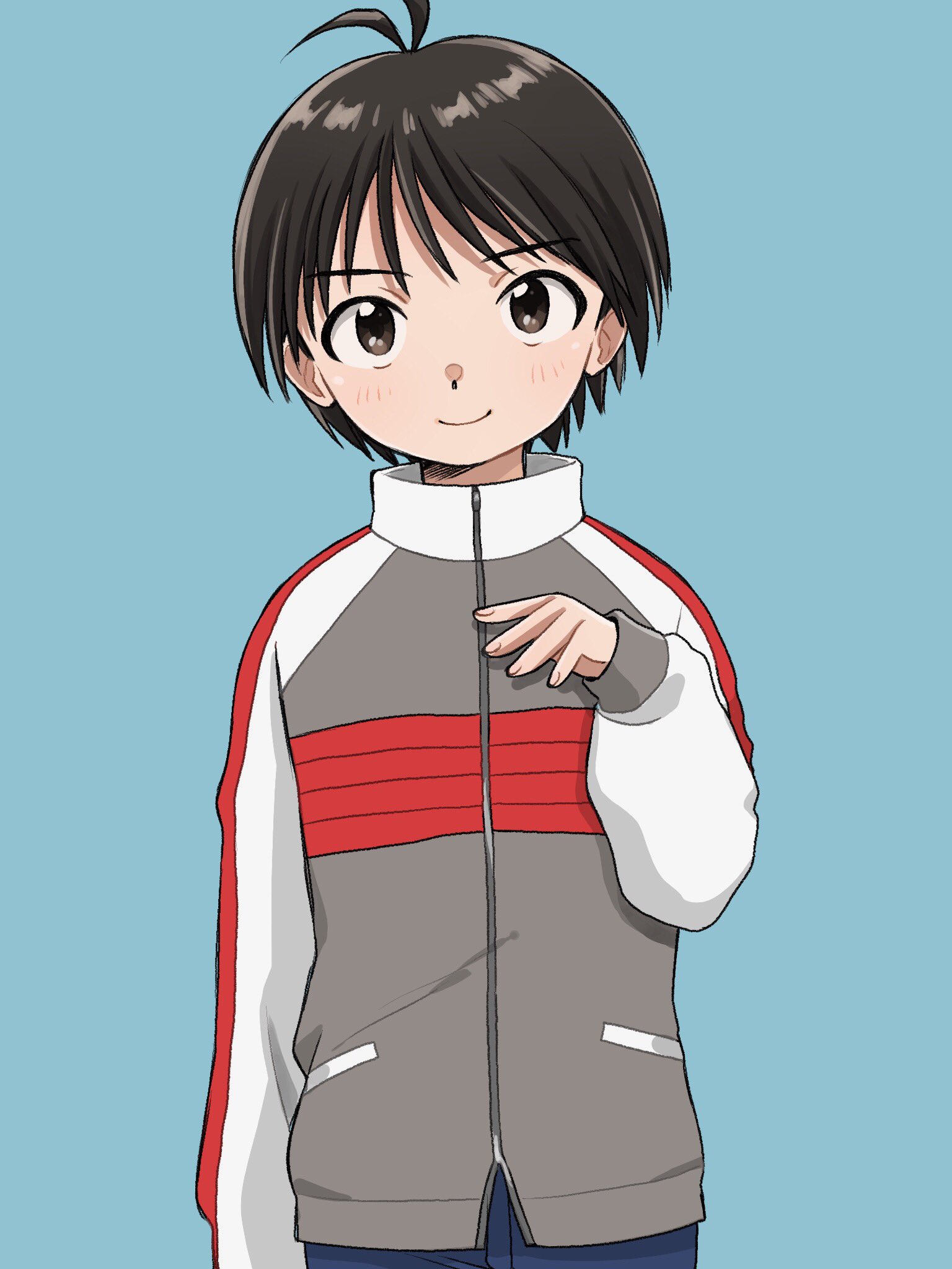 Safebooru - 1girl antenna hair blue background blue pants brown eyes brown hair commentary grey ...