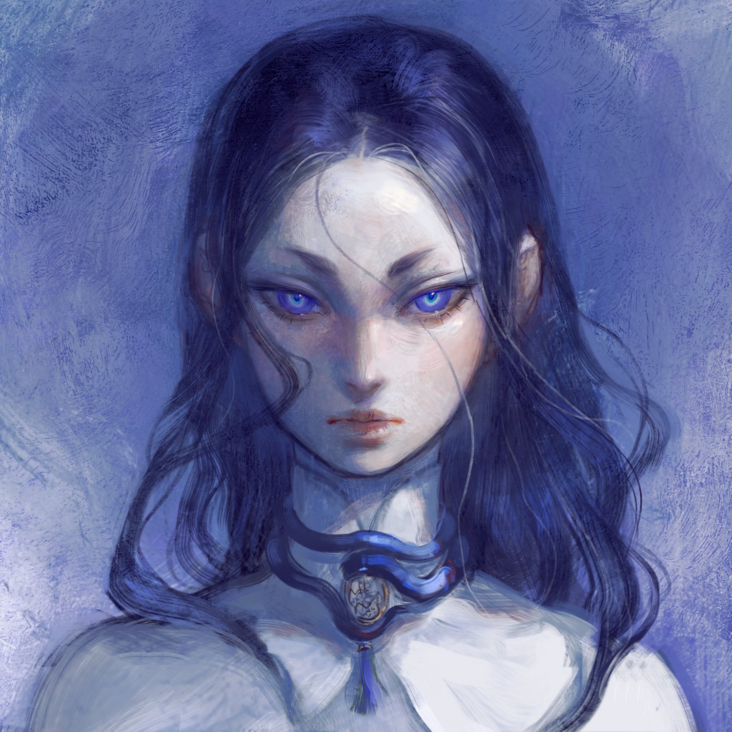 Safebooru - 1girl black hair blue background blue eyes blush cape close-up closed mouth head ...