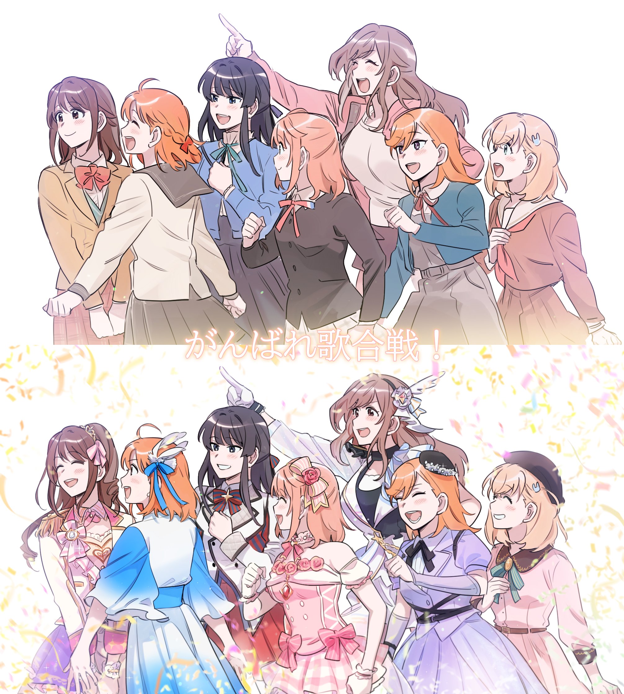 Safebooru - 6+girls ahoge arm up black hair black hat black shirt black skirt blue dress blue ...