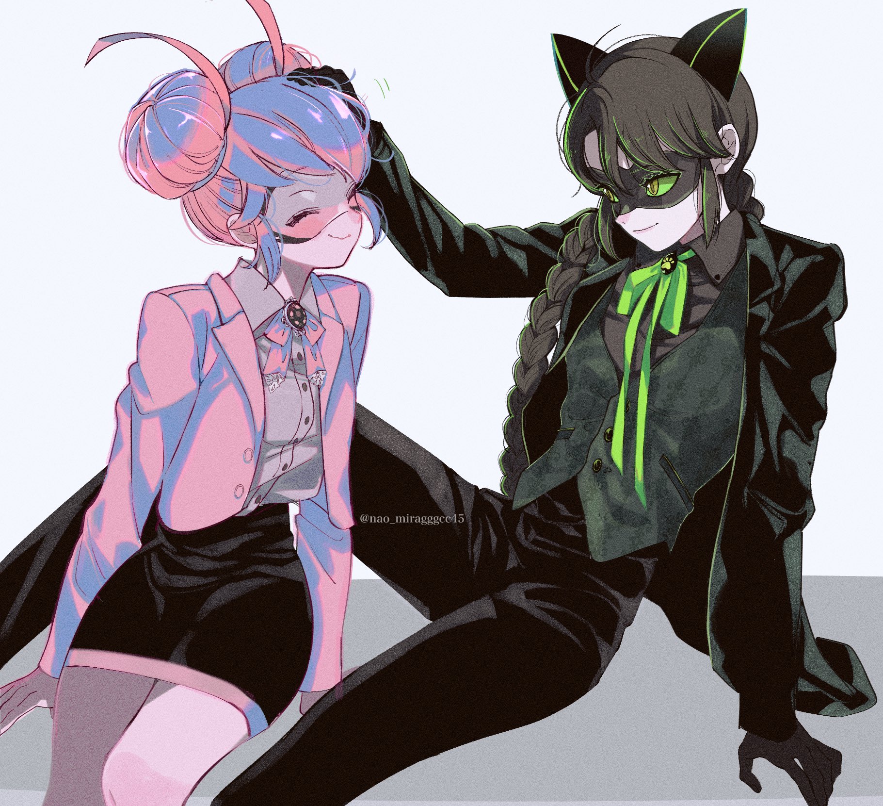 Safebooru - 2girls animal ears black gloves black hair black mask black skirt black vest braid ...