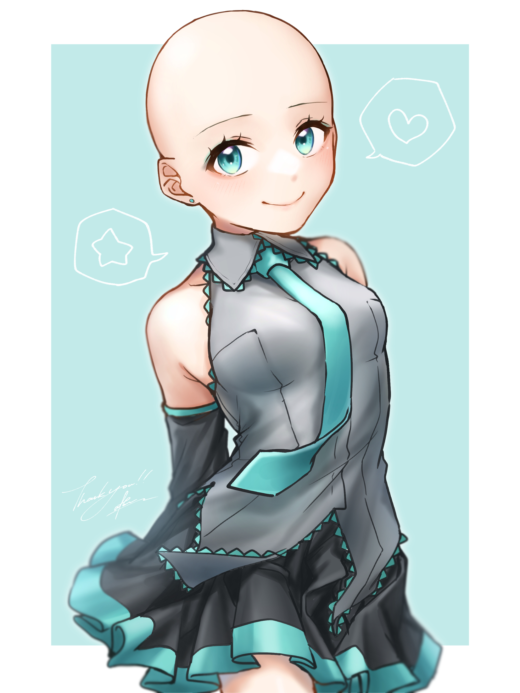 Safebooru - 1girl after0217 alternate hairstyle aqua eyes aqua necktie bald bald girl bare ...
