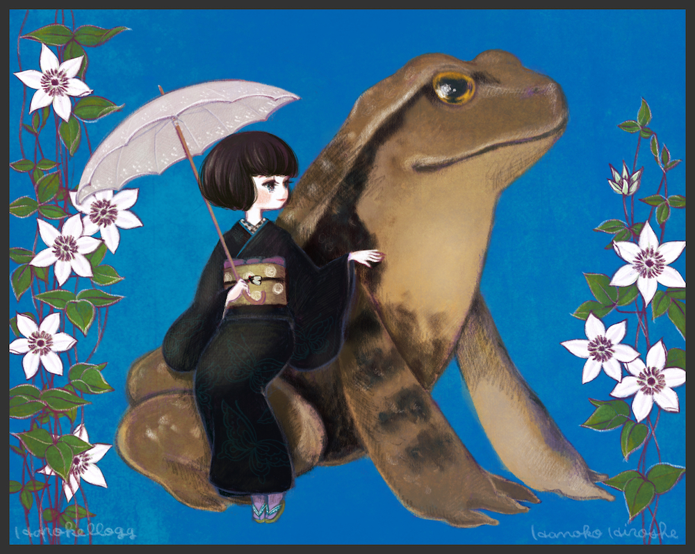 Safebooru - 1girl artist name black eyes black hair black kimono blue background blunt bangs ...