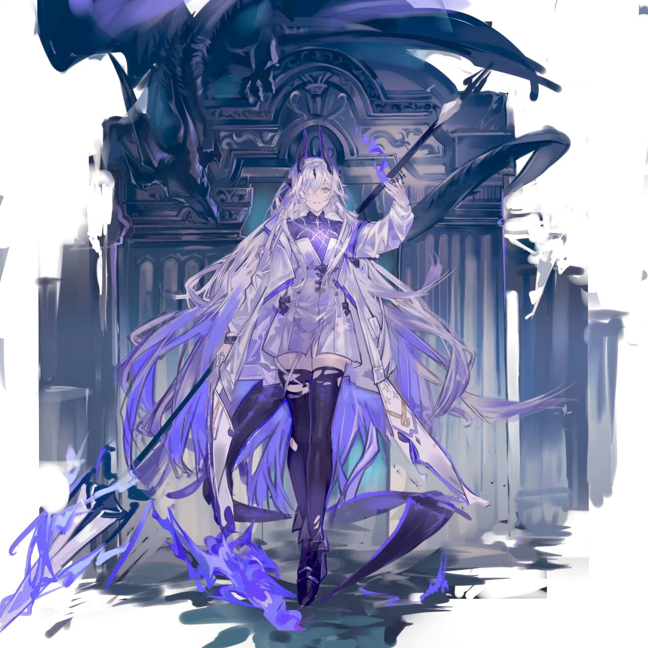 Safebooru - 1girl arknights bad link black thighhighs coat dragon dragon girl dragon horns ...