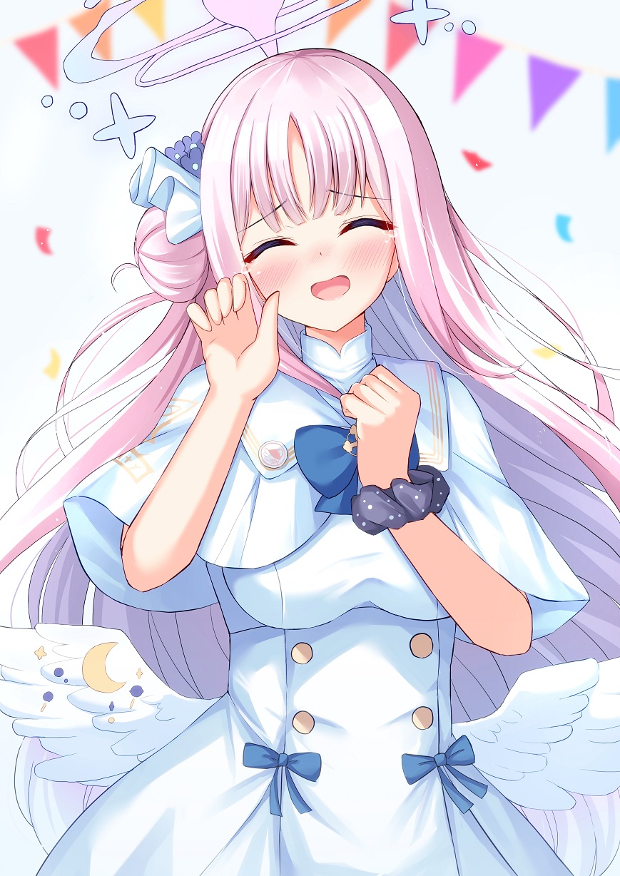 Safebooru - 1girl ^ ^ angel wings black scrunchie blue archive blue bow blue flower blunt bangs ...