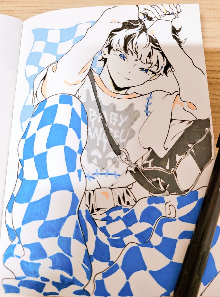 Safebooru - 1boy bag belt black bag black hair blue pants closed mouth curly hair feet out of ...