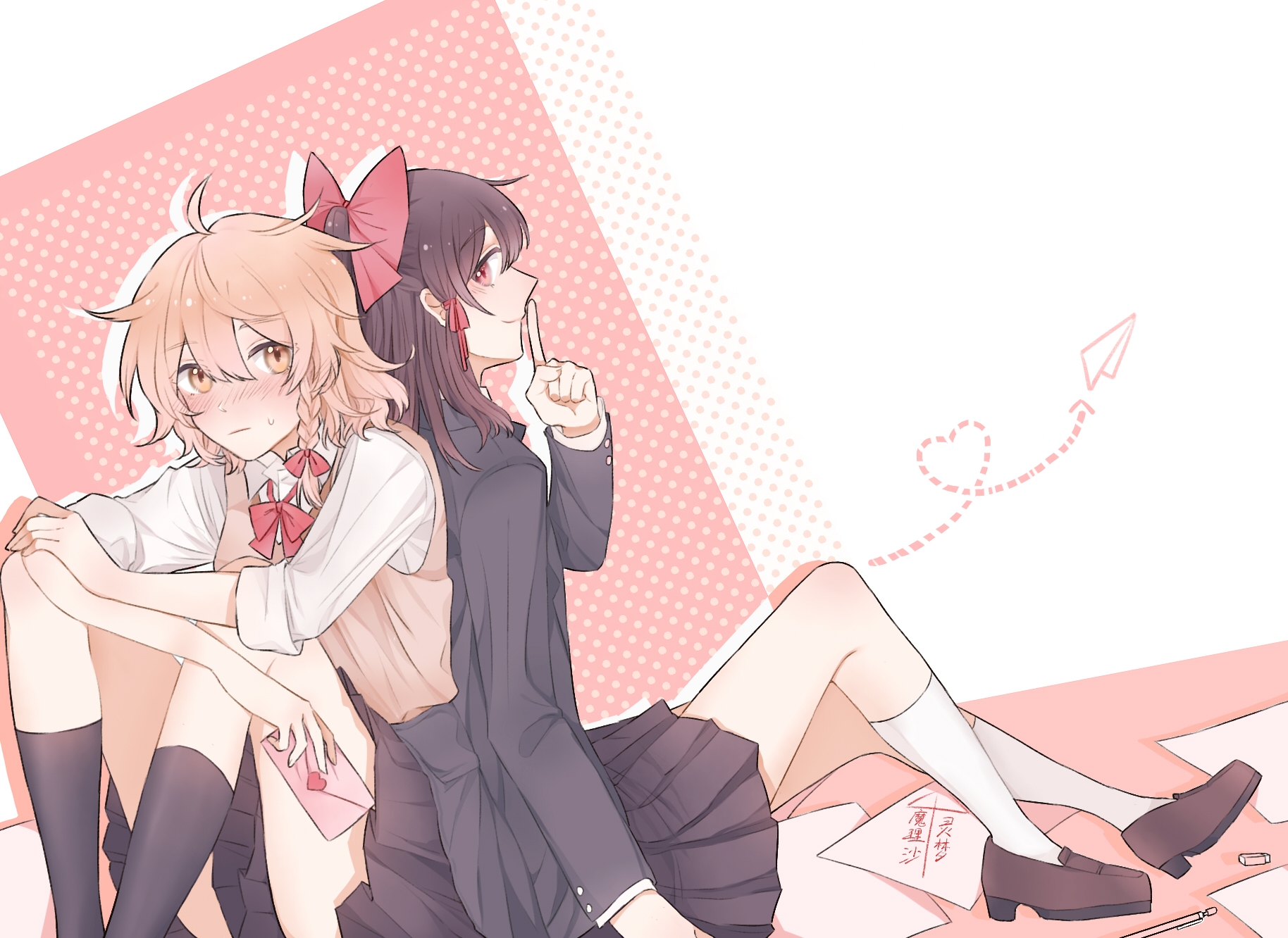 Safebooru - 2girls ahoge ai ai gasa back-to-back black jacket black skirt black socks blonde ...