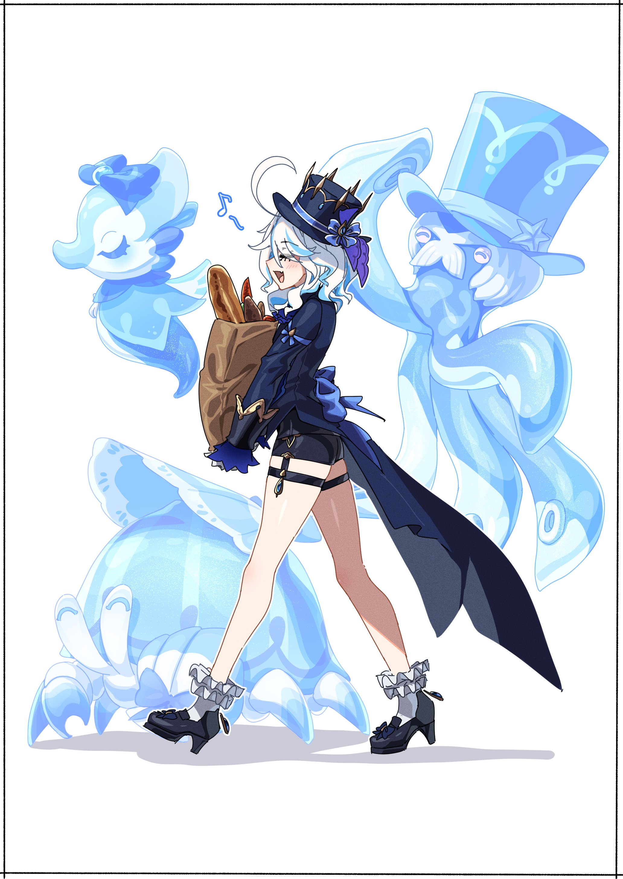 Safebooru - 1girl absurdres ascot bag baguette black shorts blue hair blue hat blue jacket blush ...