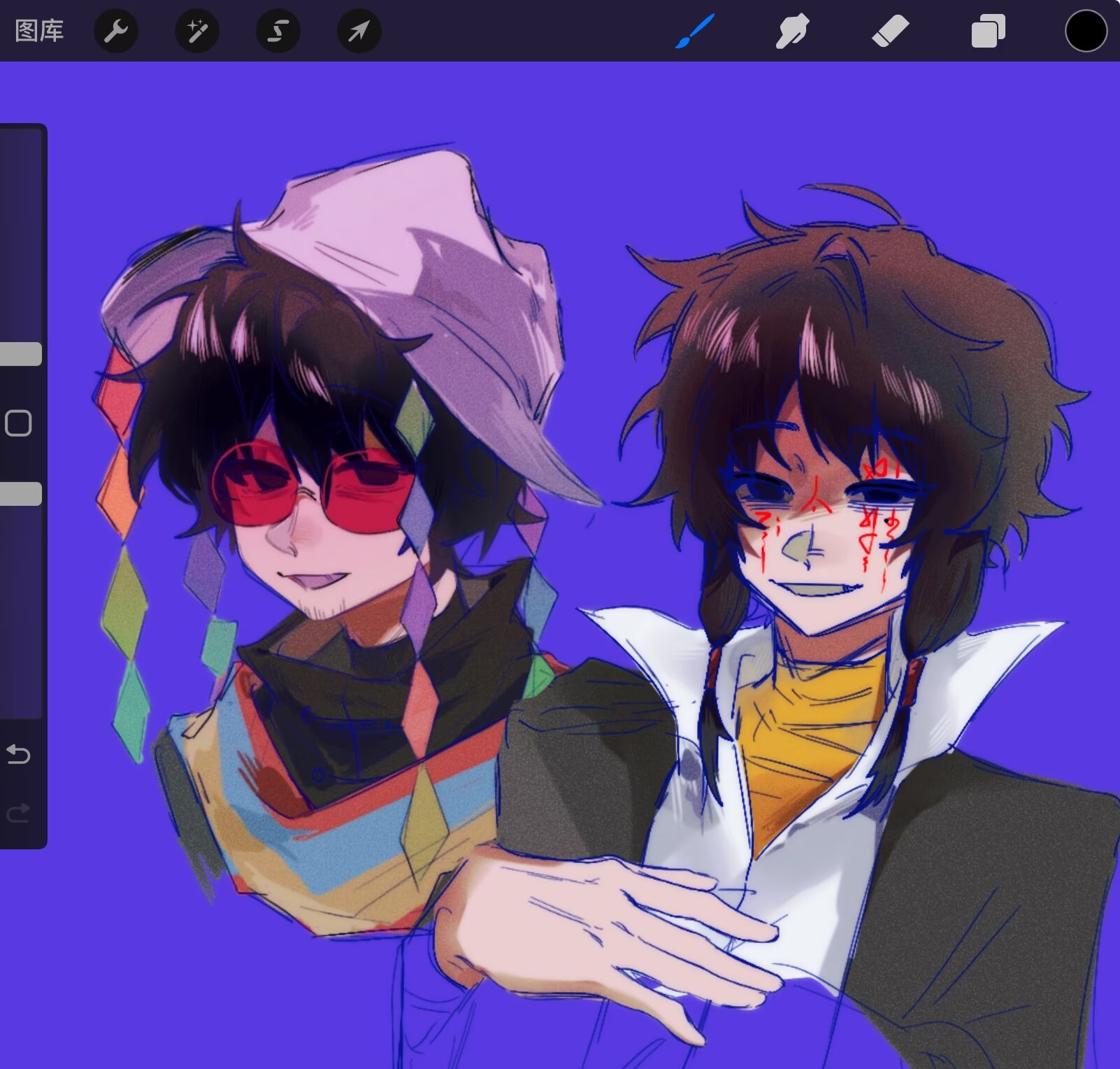 Safebooru - 2boys art program in frame beard stubble black eyes black hair black jacket blue ...