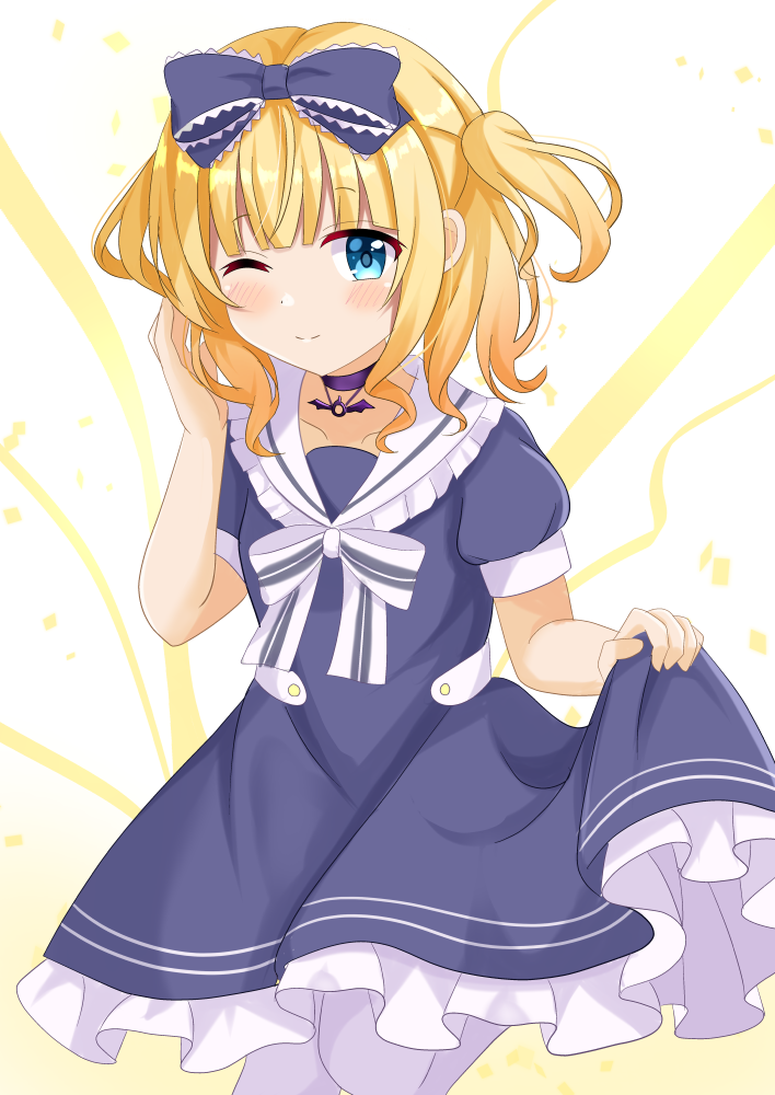 Safebooru - 1girl blonde hair blue eyes blush bow bowtie choker dress frilled skirt frills ...
