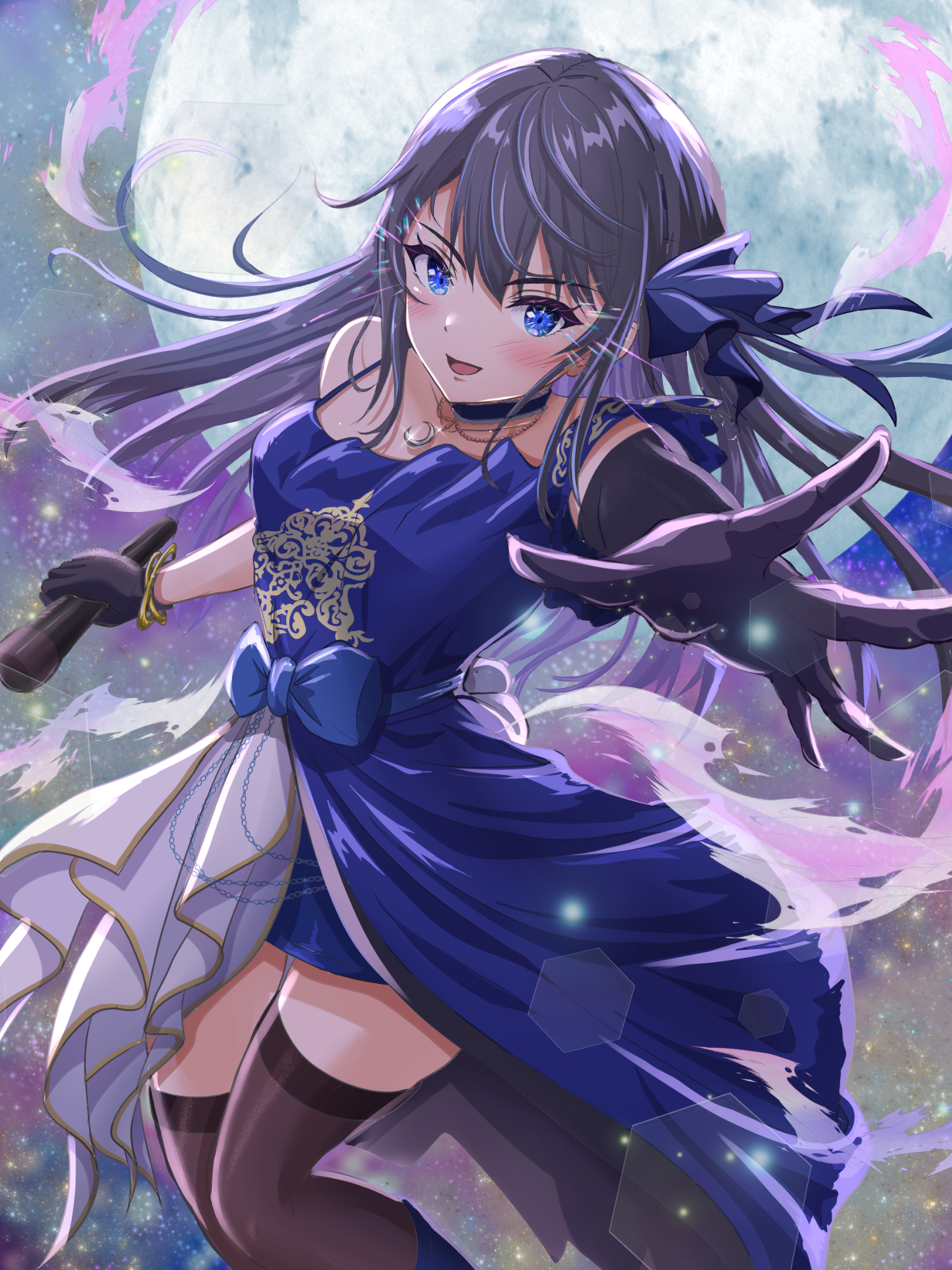 Safebooru - black gloves black hair black thighhighs blue choker blue dress blue eyes choker ...
