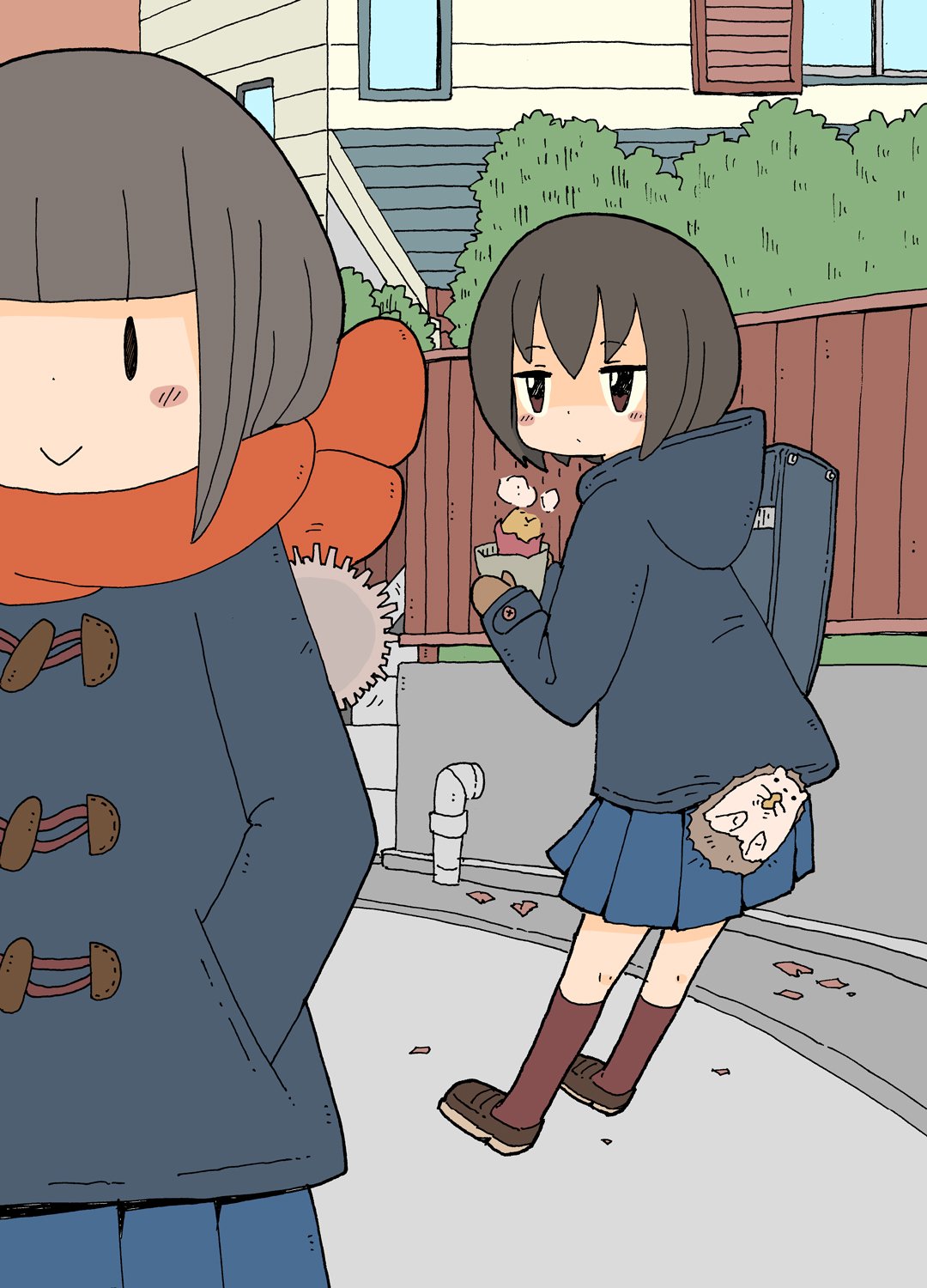 Safebooru - 2girls :> animal bag black jacket blue skirt blush stickers brown eyes brown ...