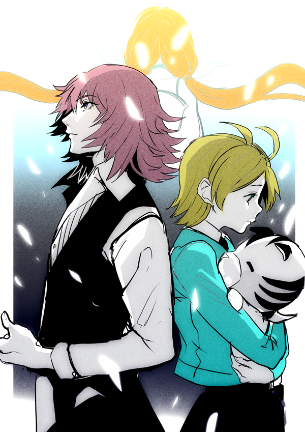 Safebooru - 1boy 2girls antenna hair back-to-back black skirt black vest blonde hair blue jacket ...