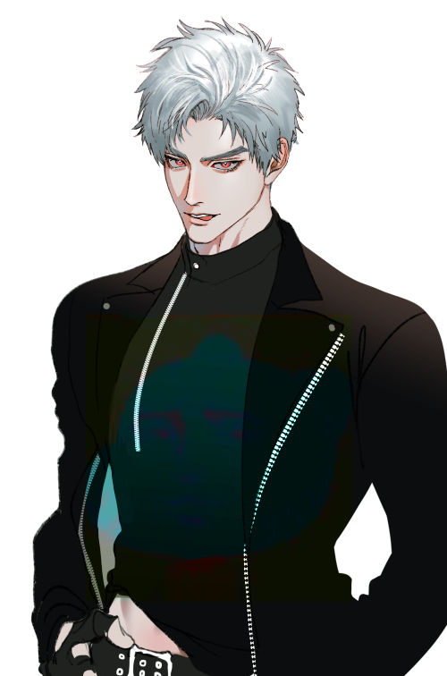 Safebooru - 1boy belt black shirt fingerless gloves gloves grey hair licking lips lips long ...