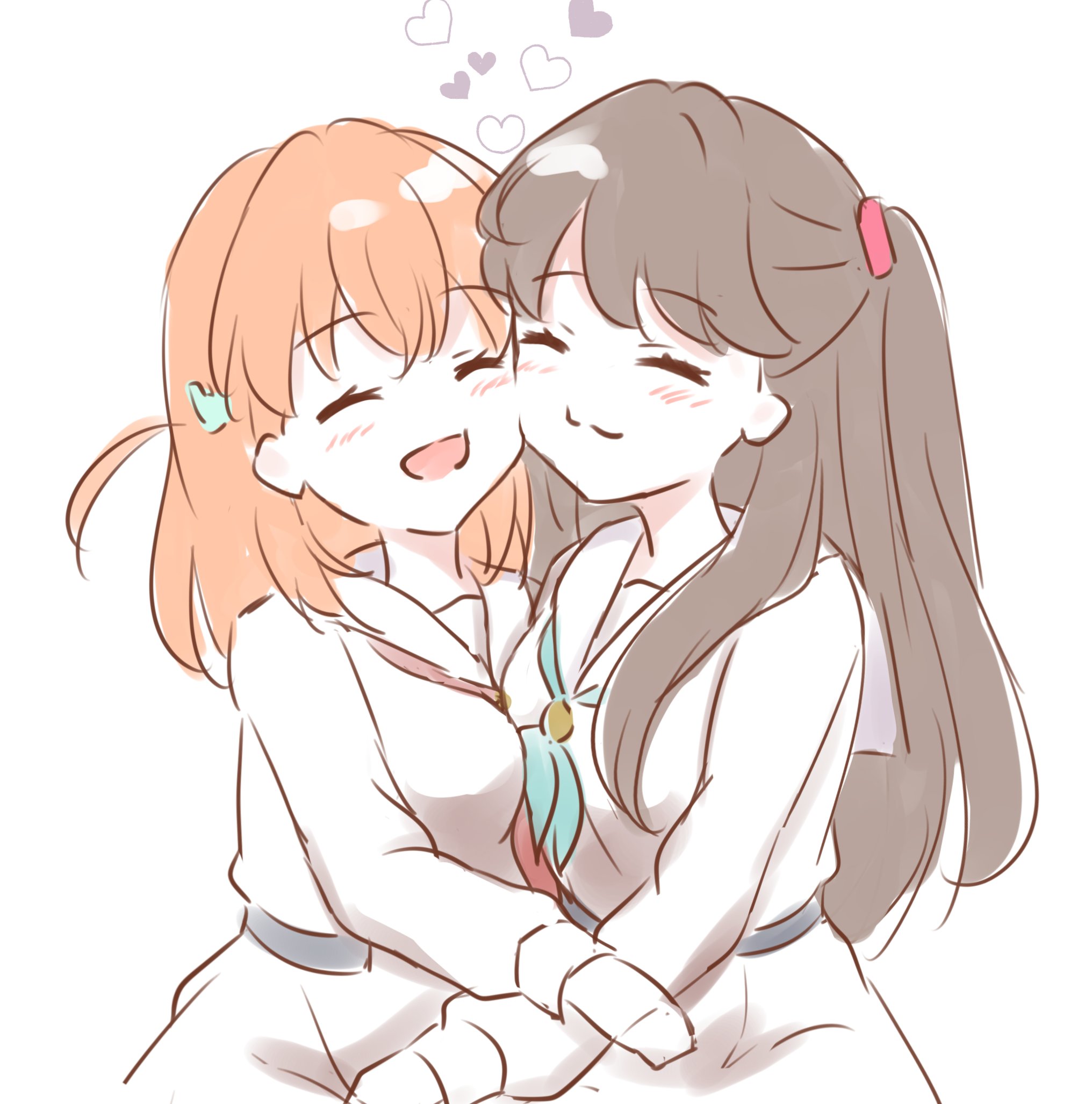 Safebooru - 2girls :3 ^ ^ aqua neckerchief breasts brown dress brown hair cheek-to-cheek cheek ...