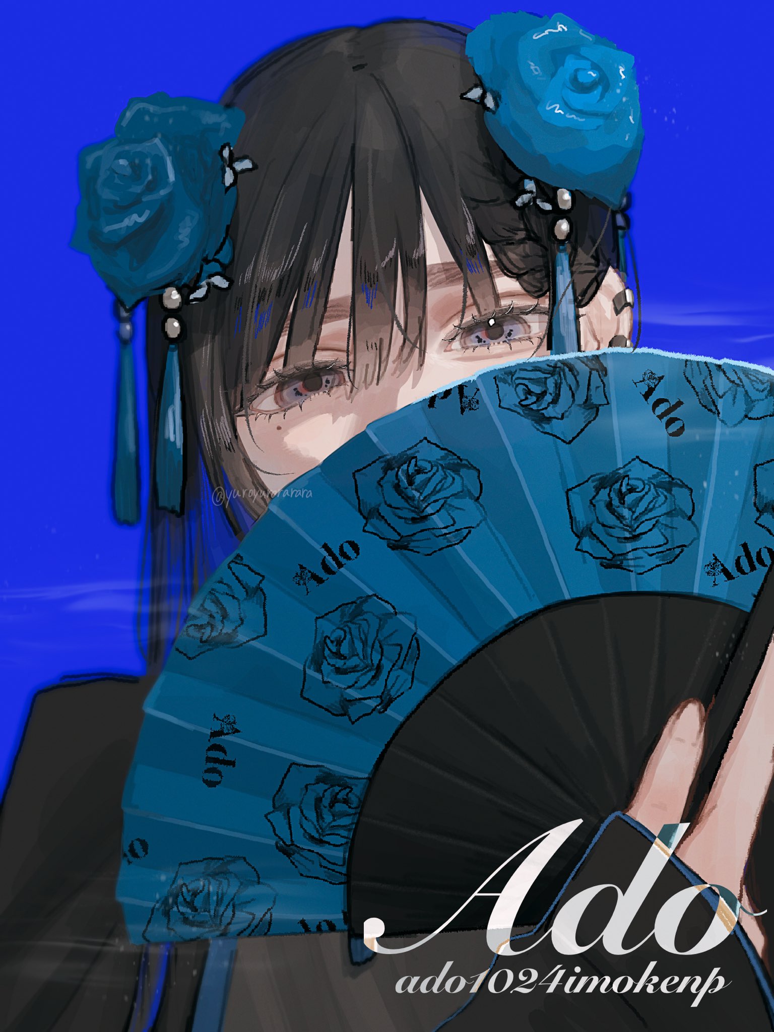 Safebooru - 1girl ado (utaite) aegyo sal black hair blue background blue flower blue rose chando ...