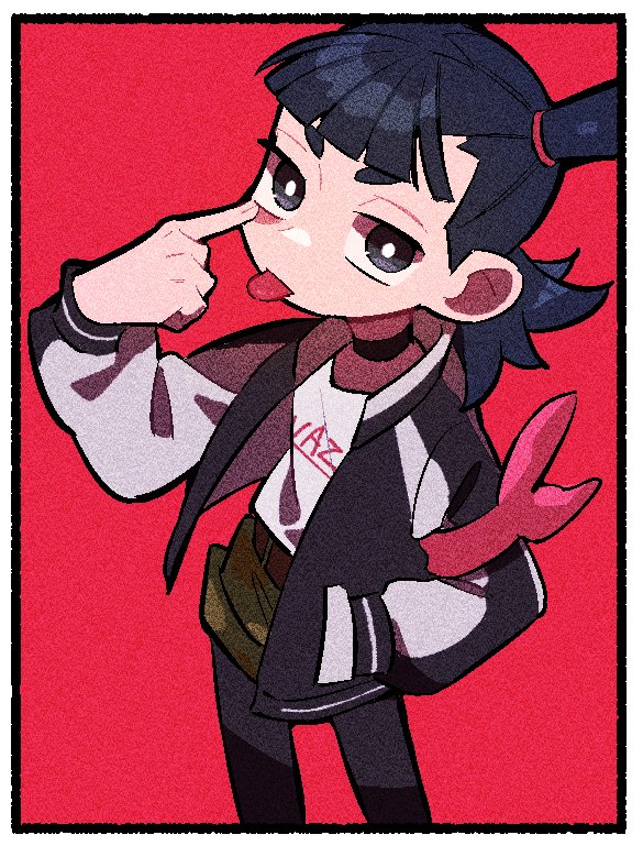 Safebooru - 1boy akanbe black jacket black pantyhose border cowboy shot ...
