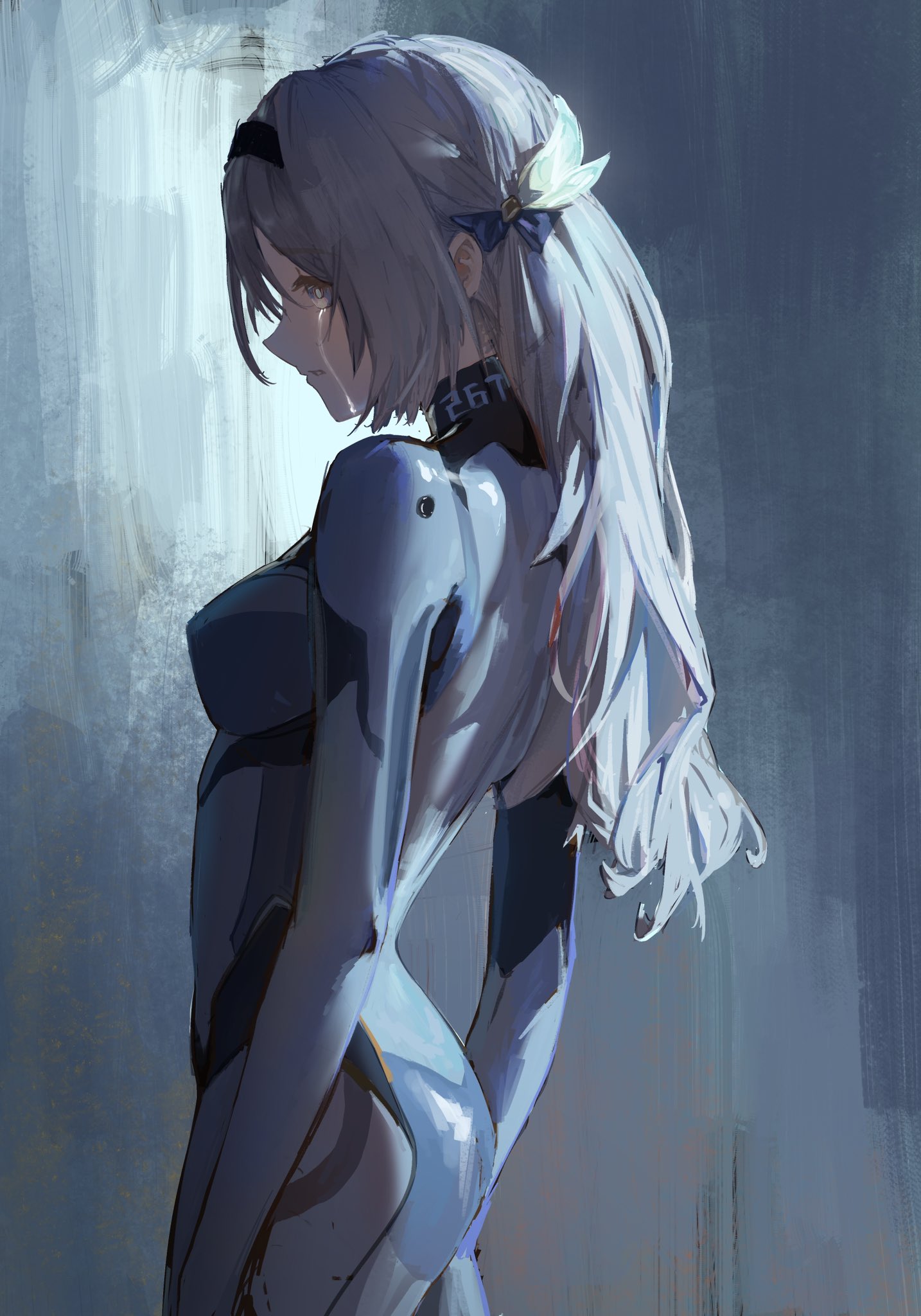 Safebooru - 1girl black hairband bodysuit breasts cowboy shot crying crying with eyes open ...
