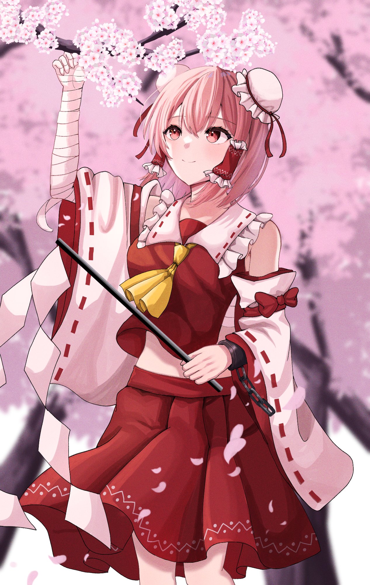 Safebooru - 1girl arm up ascot bandaged arm bandages bare shoulders blurry blurry background ...