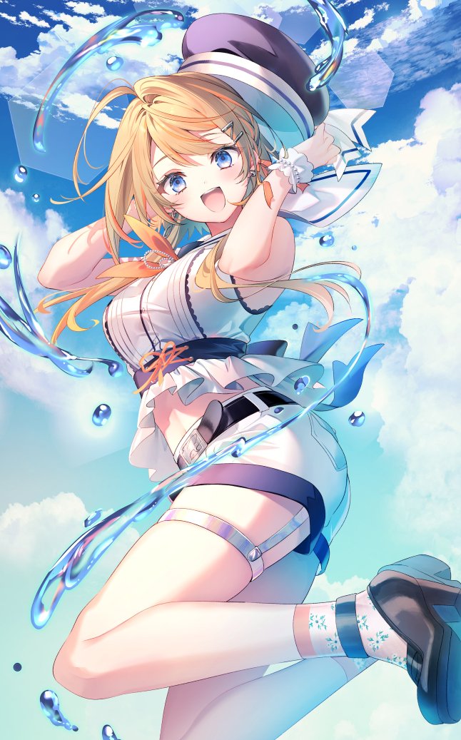 Safebooru - 1girl air bubble bare shoulders black footwear brown hair bubble clouds cloudy sky ...